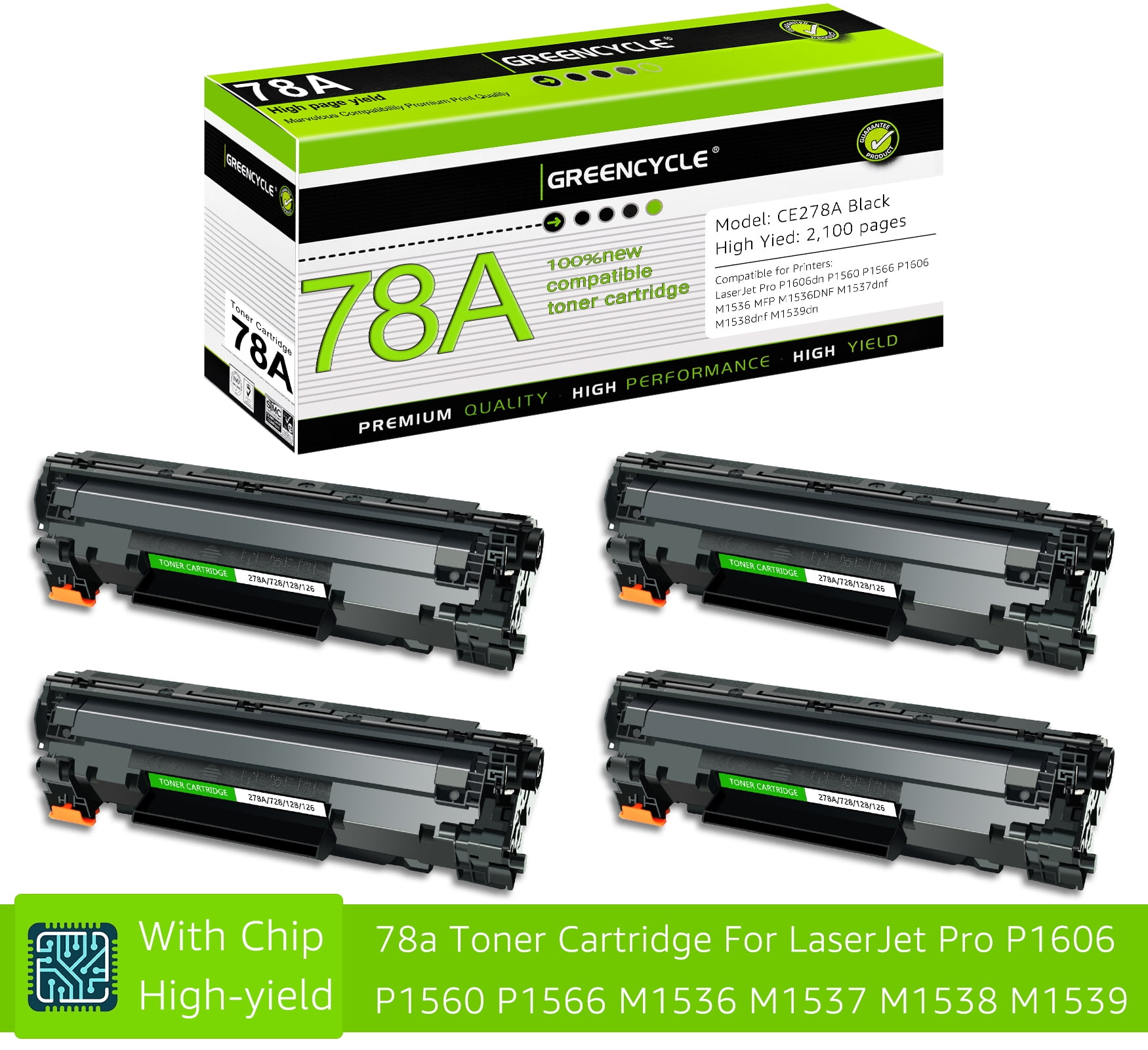 GREENCYCLE 4-Pack Compatible Toner for HP 78A CE278A, Black, LaserJet ...