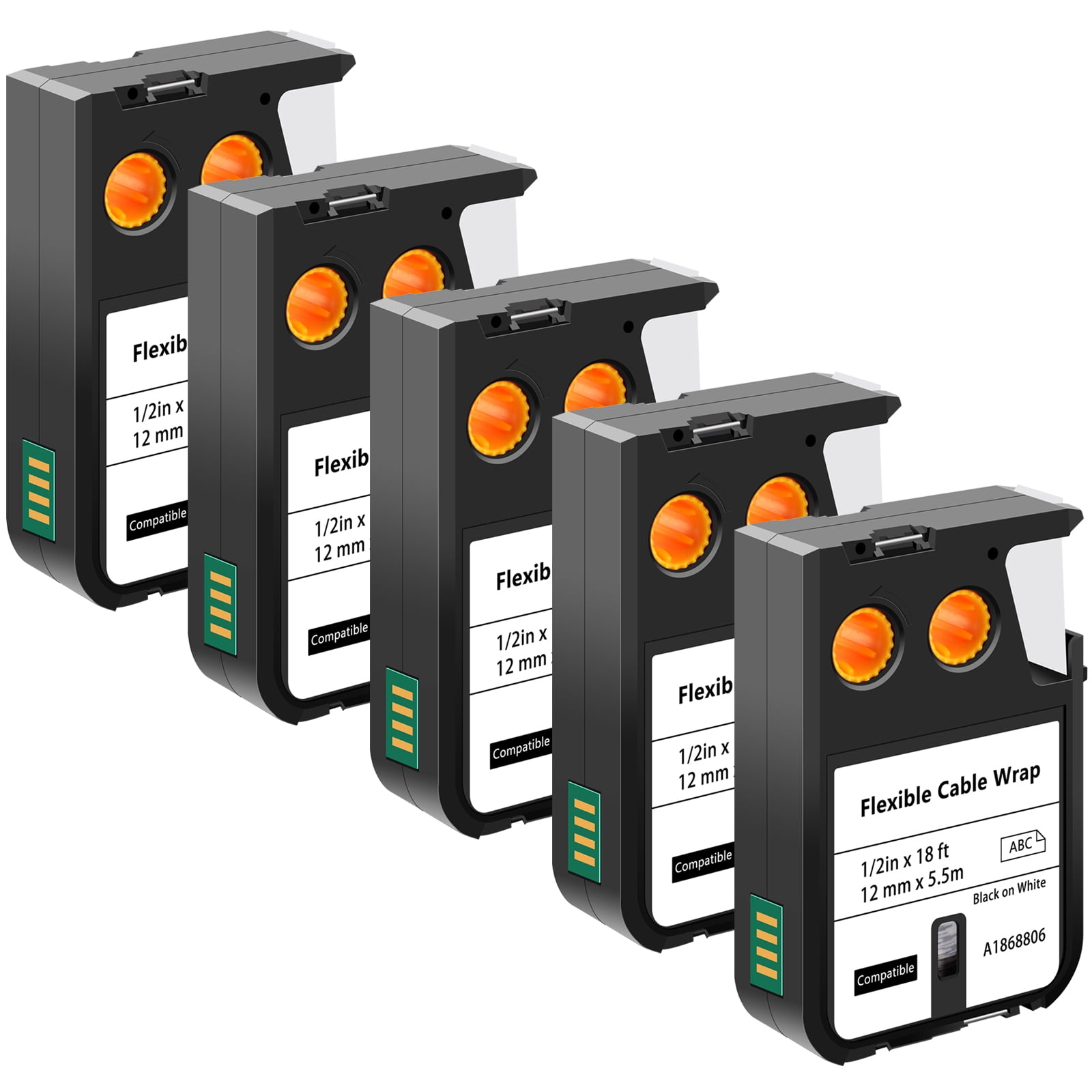 GREENCYCLE 5 Pack Compatible for DYMO XTL 1868806 1/2''x 18ft Black on White Flexible Cable Wrap ...