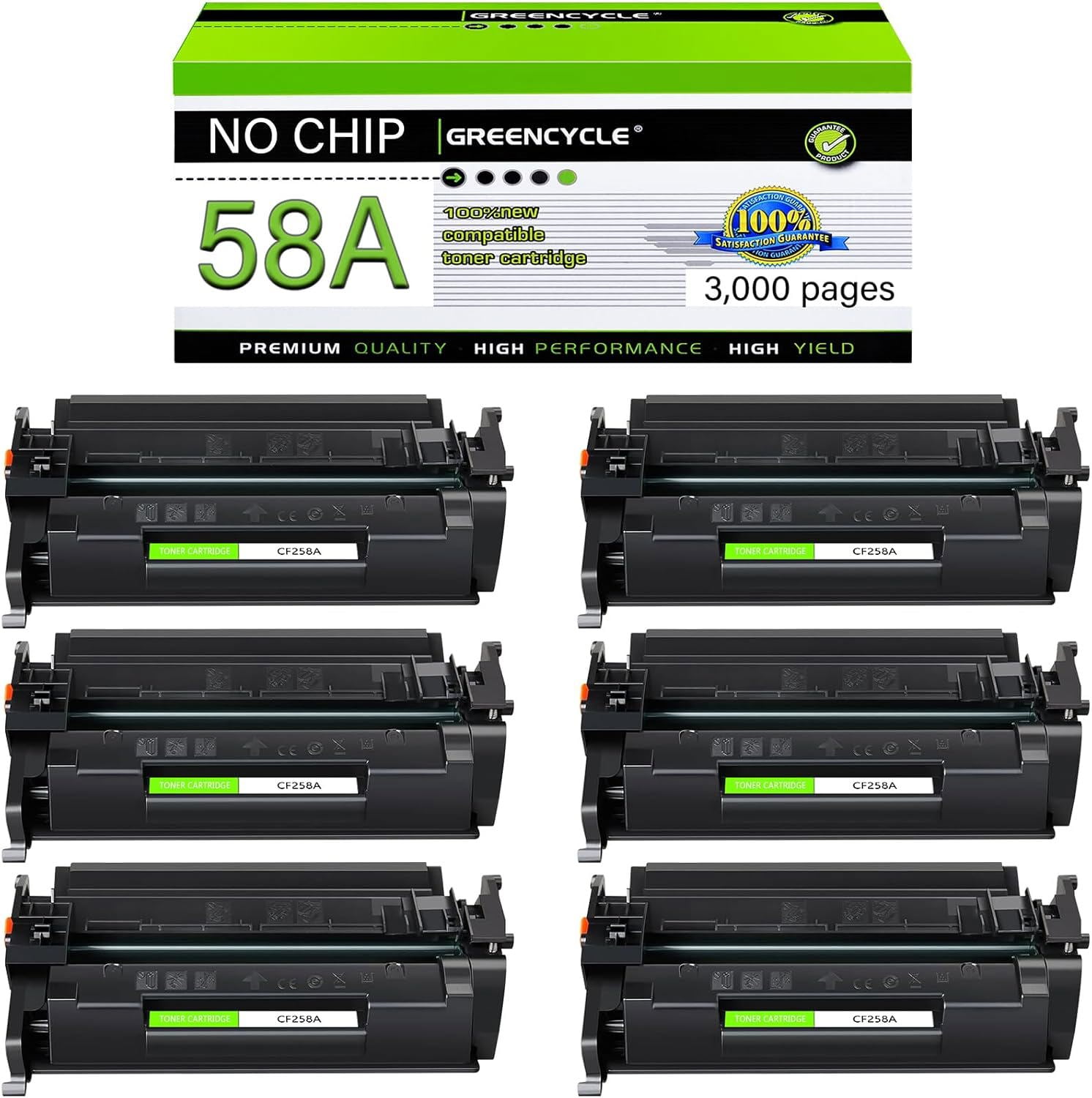 GREENCYCLE 6 Pack CF258A (No Chip) Compatible Black Toner Cartridge ...
