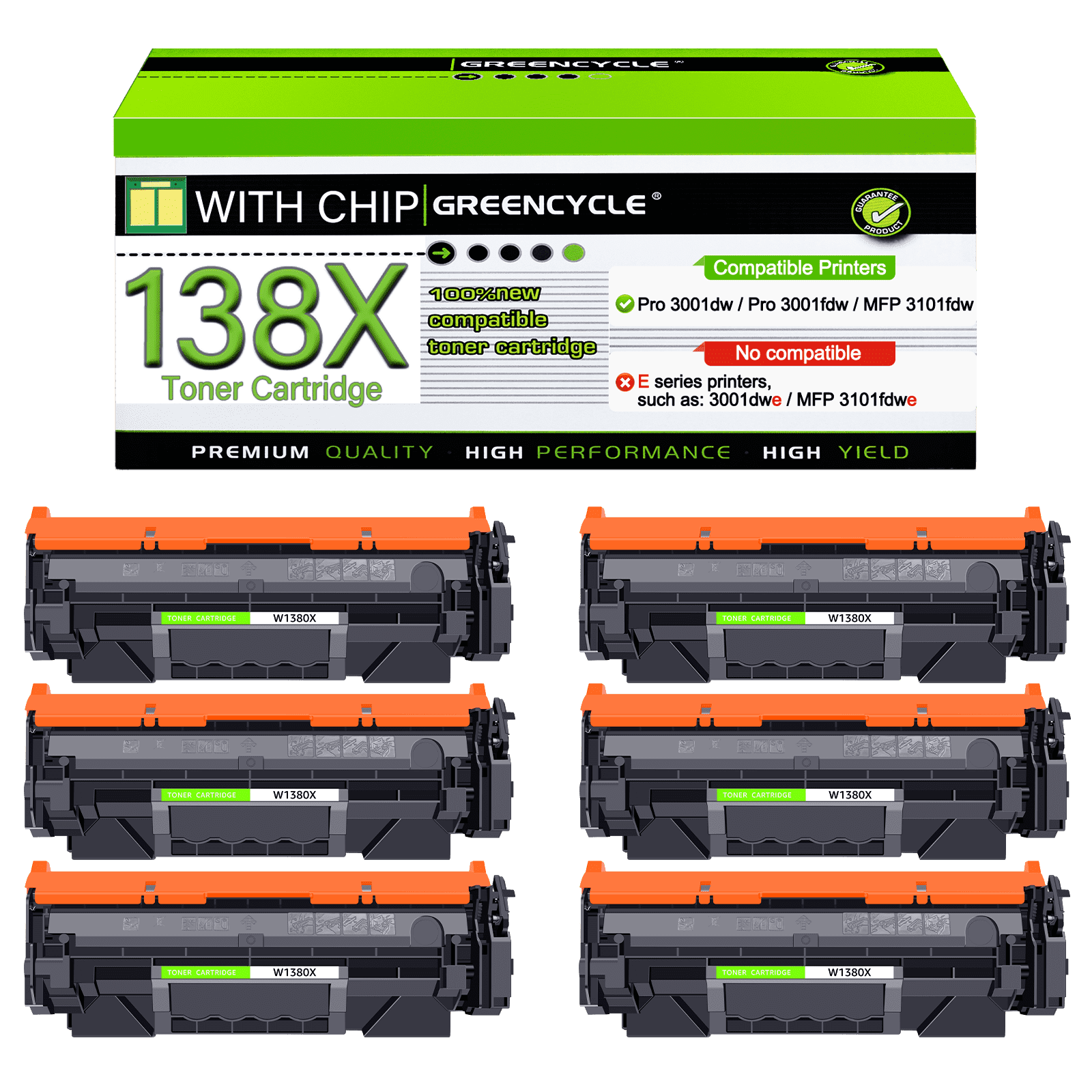 GREENCYCLE 6 Pack Compatible for HP 138X W1380X 138A W1380A Black Toner ...