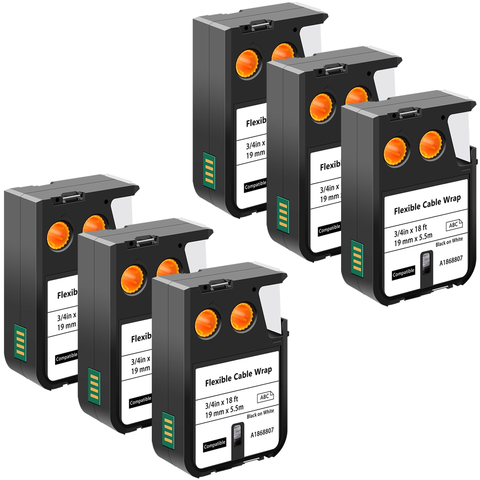 GREENCYCLE 6 Pack Compatible for DYMO XTL 1868807 3/4''x 18ft Black on White Flexible Cable Wrap ...