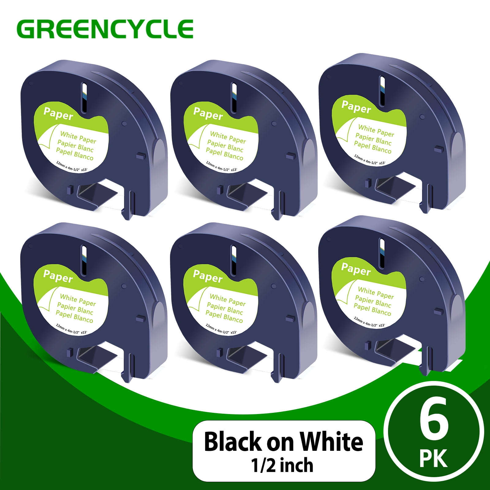 GREENCYCLE 6PK 1/2" 12mm Black on White Paper Refills Compatible for ...