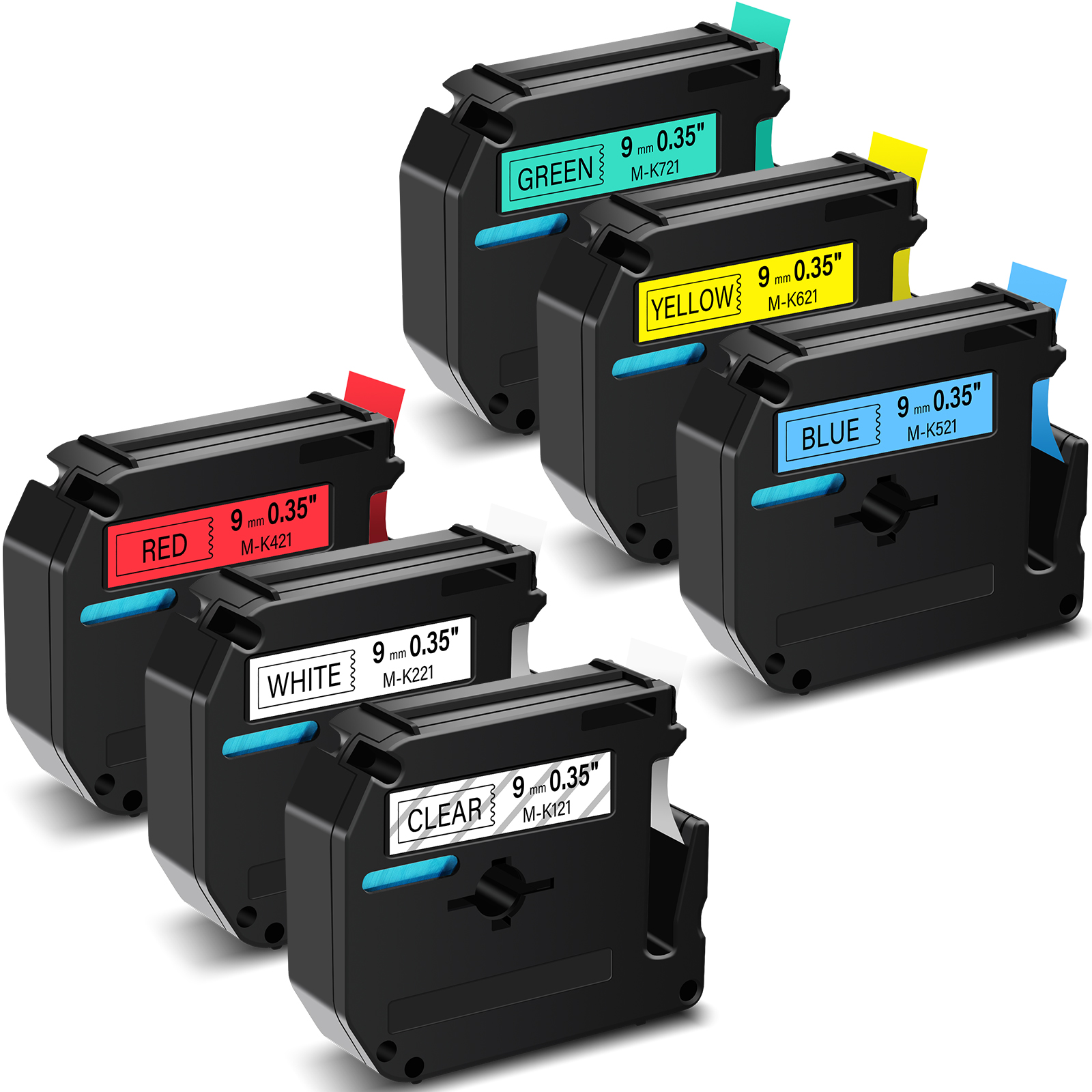 GREENCYCLE 6PK 9mm 8m Black on Clear/White/Red/Blue/Yellow/Green MK121 ...