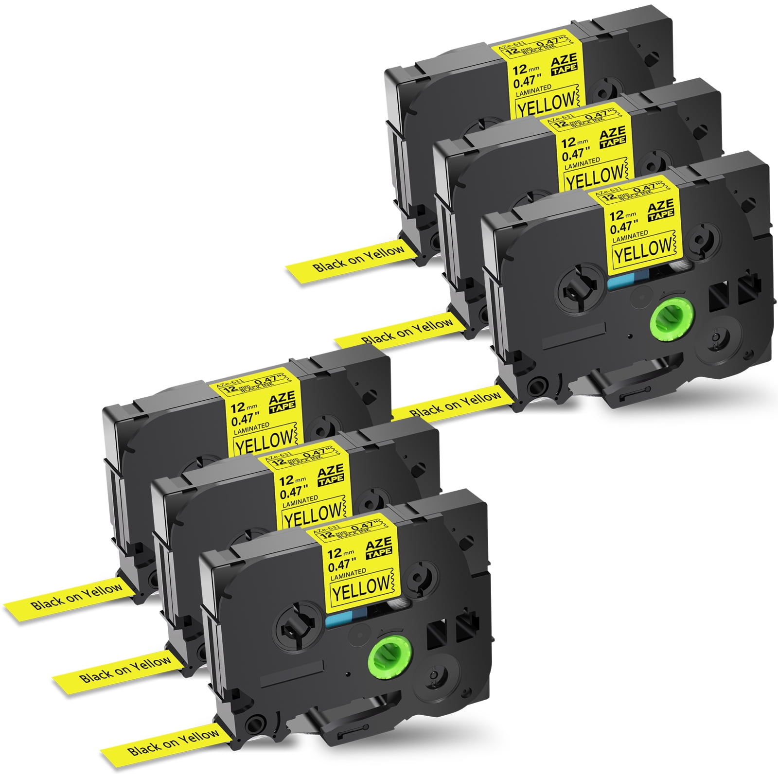 GREENCYCLE 6PK Compatible for Brother P-touch Black on Yellow 12mm TZ ...