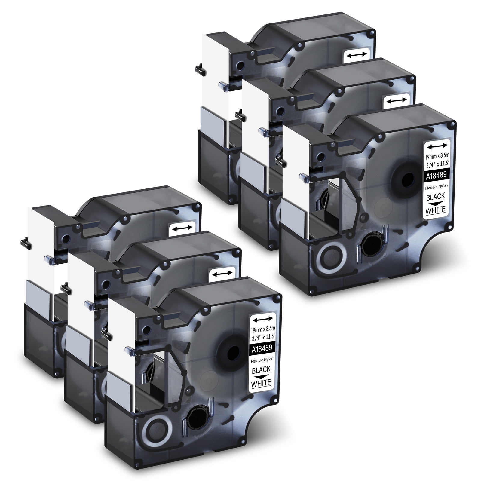 GREENCYCLE 6PK Compatible for DYMO 18489 19mm 3/4" Black on White Industrial Flexible Nylon ...