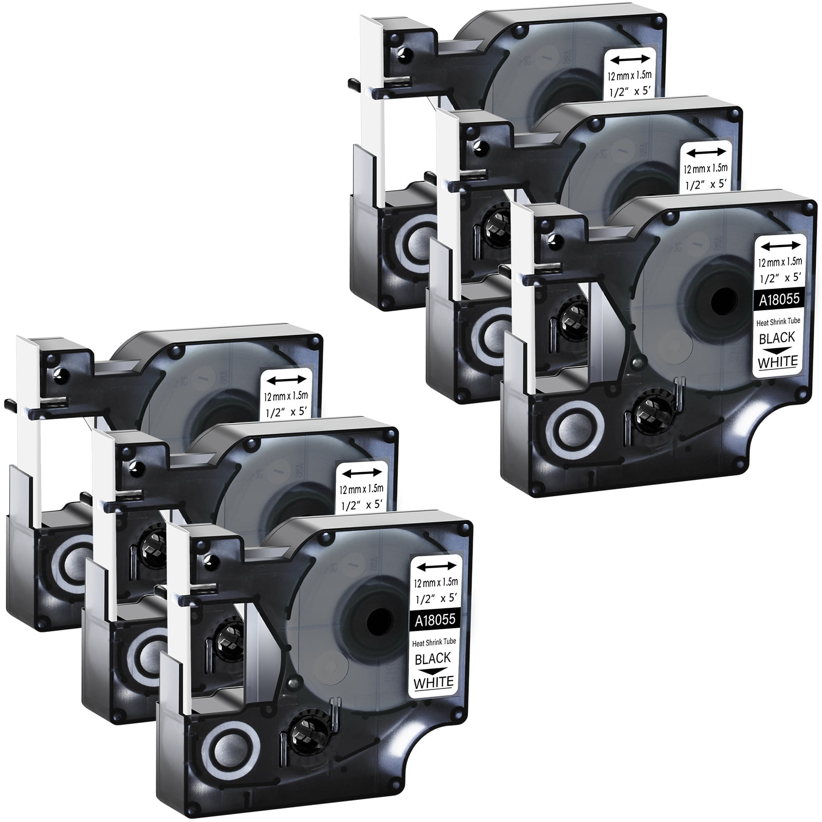 GREENCYCLE 6PK Industrial Rhino Heat Shrink Tubes Compatible for DYMO 18055 12mm 1/2" Black on ...