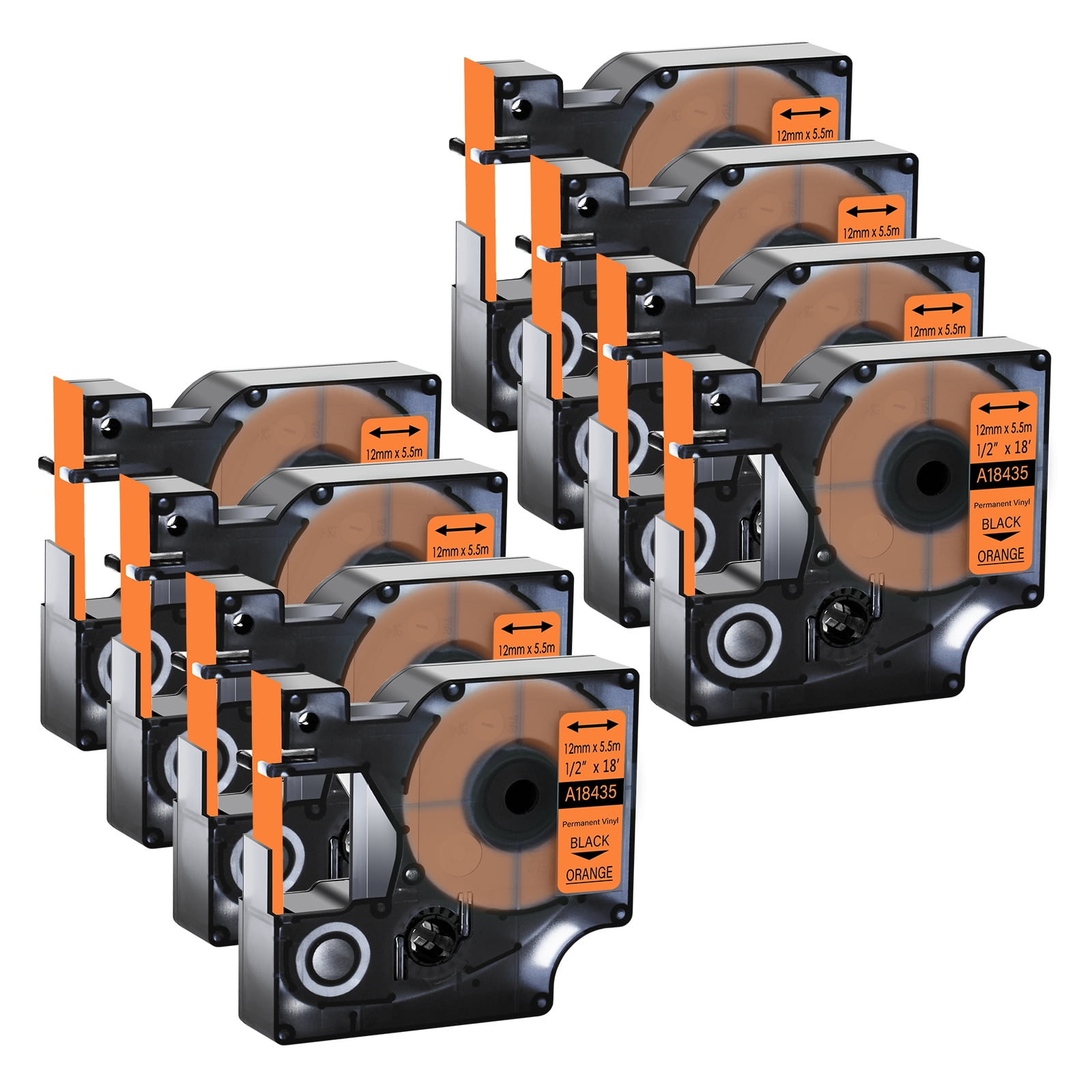 GREENCYCLE 8PK Compatible for DYMO 18435 12mm 5.5m Black on Orange ...