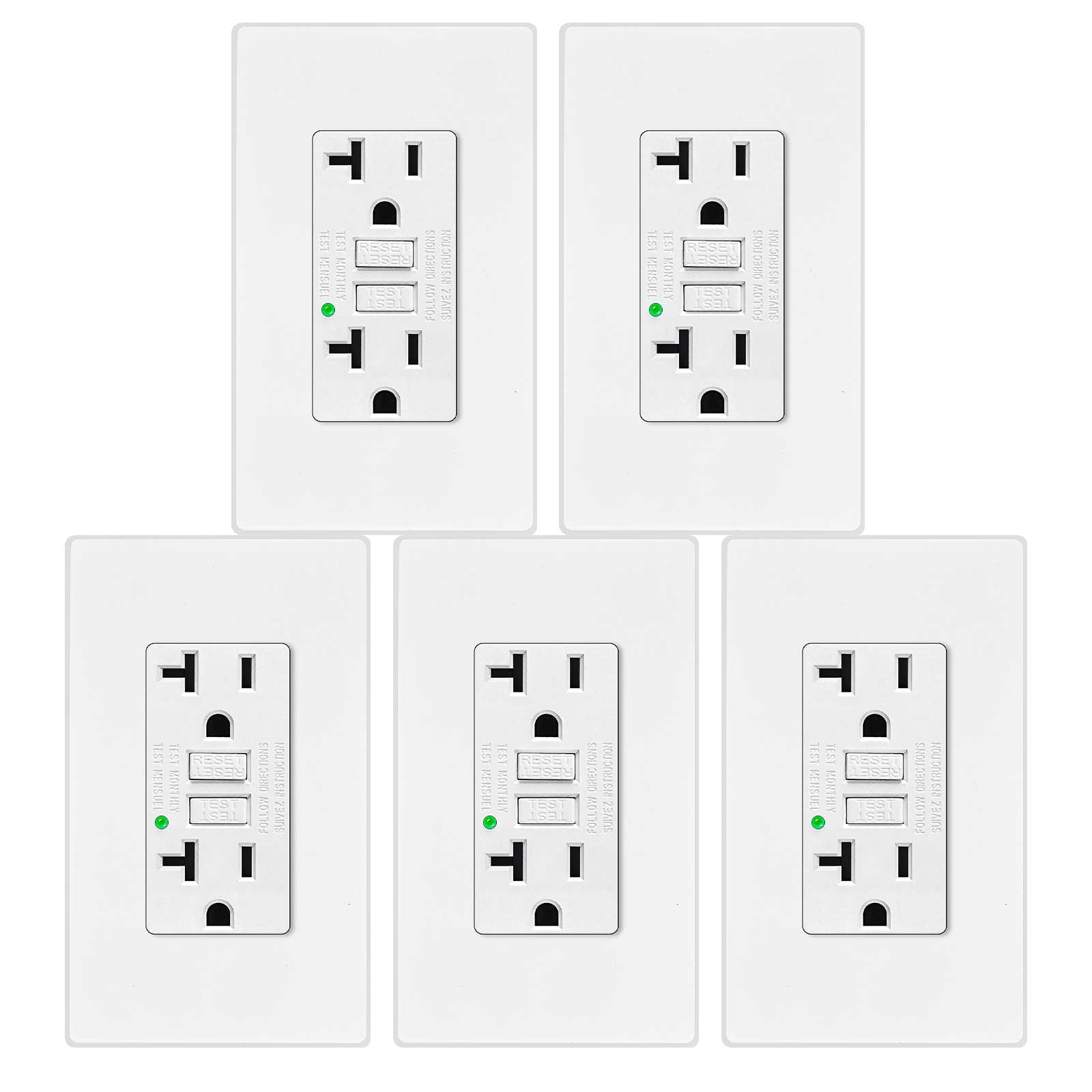 GREENCYCLE GFCI 20Amp Outlet Non-TR,5PK 20A/125V GFCI Outlets White ...