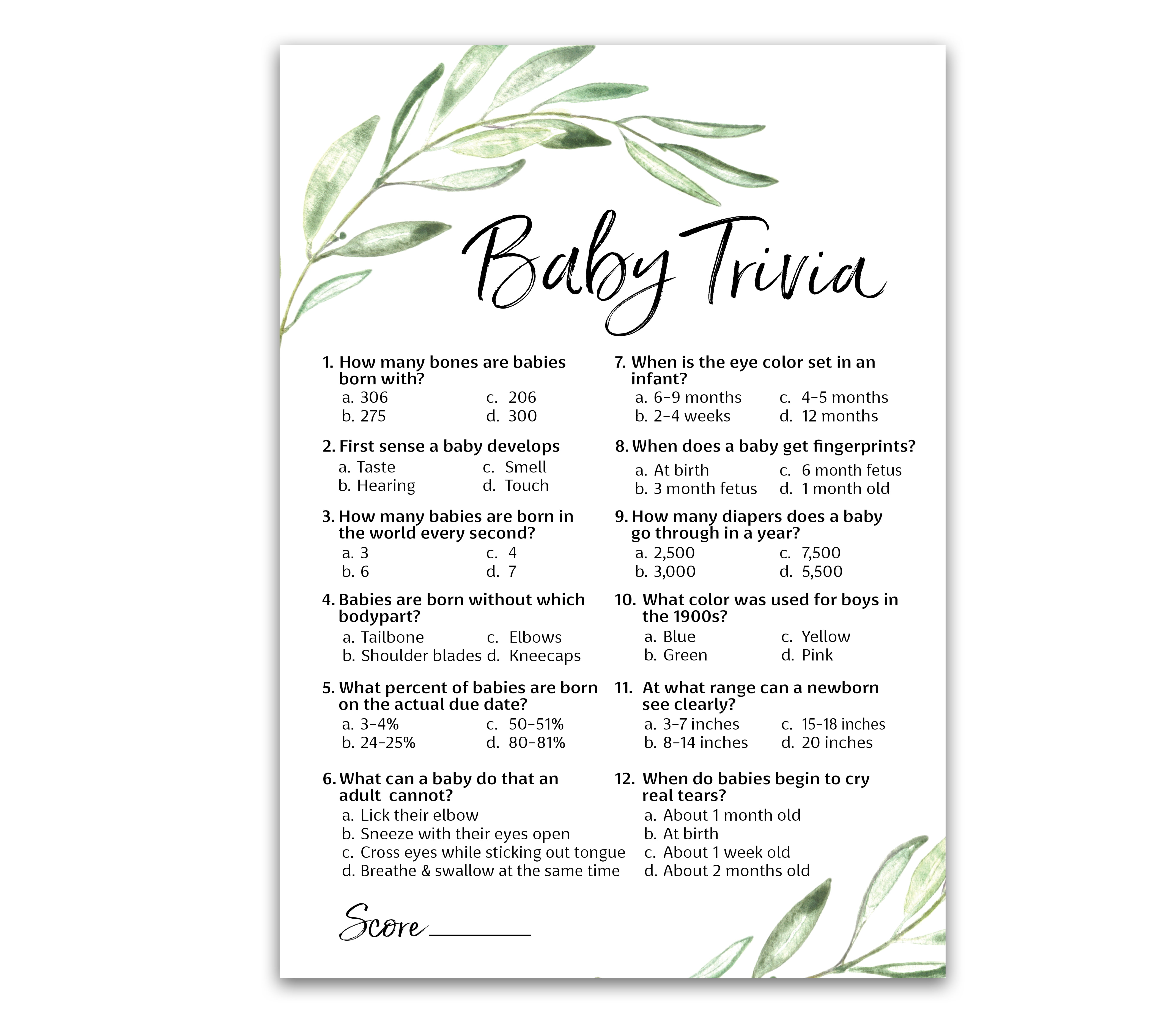 GREENERY Baby Shower Game - BABY TRIVIA Games - Pack of 25 - Fun Baby ...