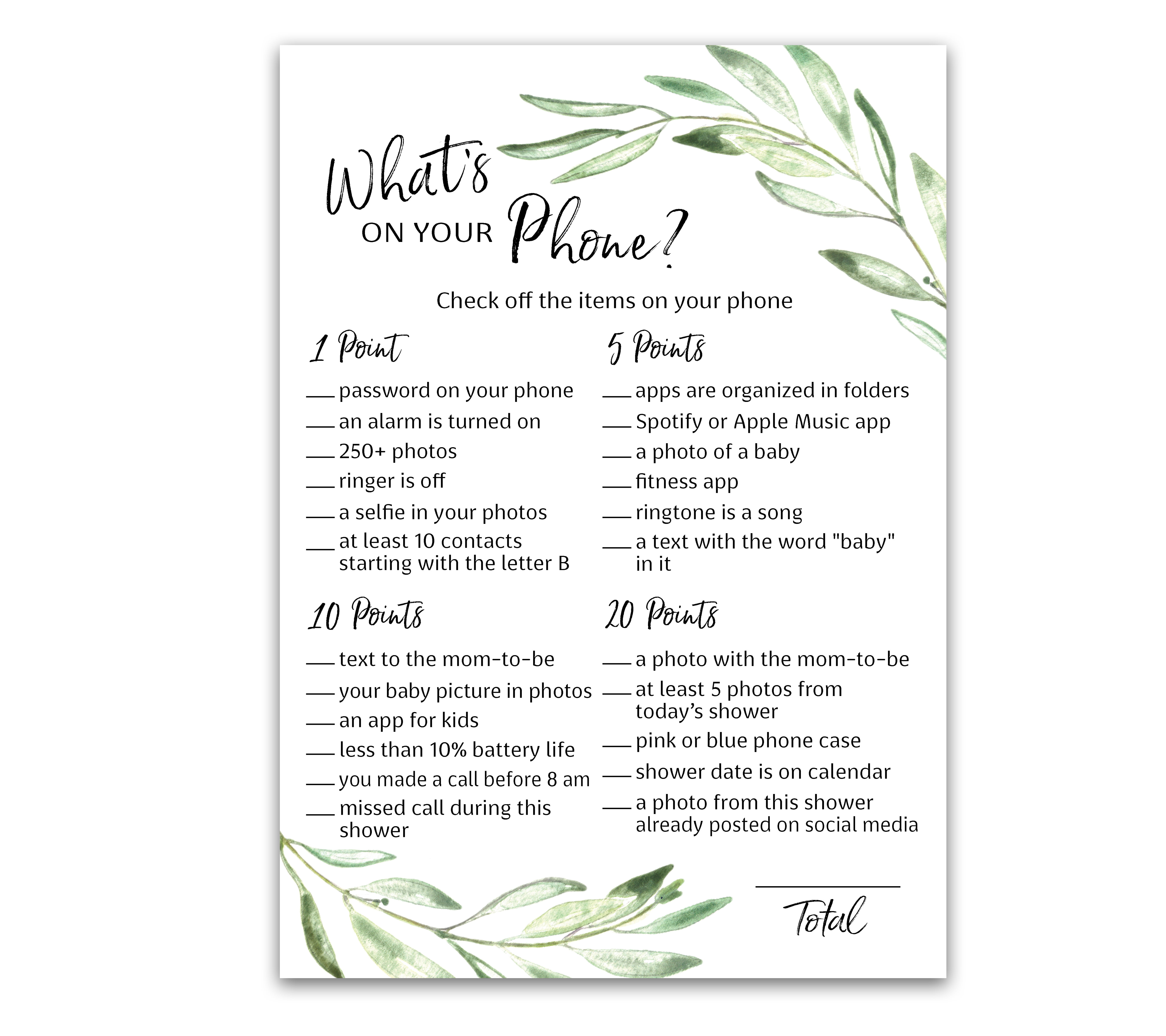 GREENERY Baby Shower Games — WHAT'S ON YOUR PHONE Baby Shower Game ...