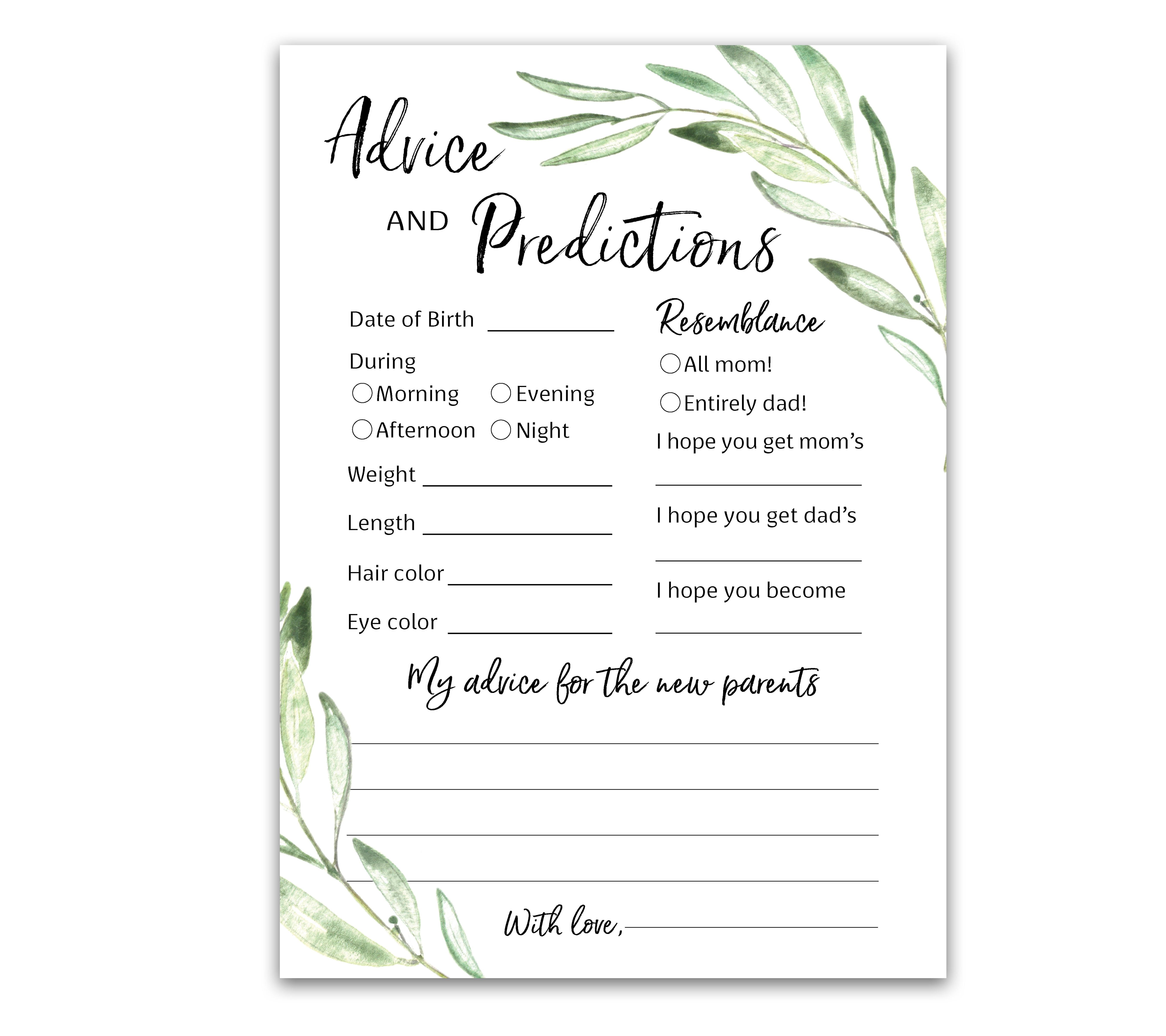 GREENERY Prediction and Advice Cards - Pack of 25 - GENDER NEUTRAL Baby ...