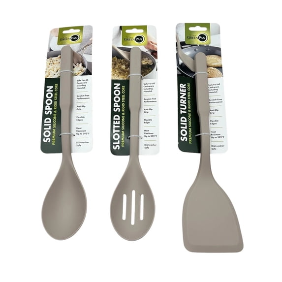 GREENPAN 3pc Spoon Turner Metal Core Silicone Utensils Set Taupe Heat ...