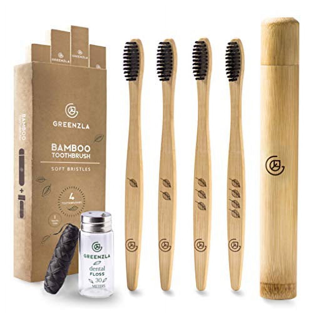 GREENZLA Bamboo Toothbrush (4 Pack) with Travel Case & Charcoal Dental ...