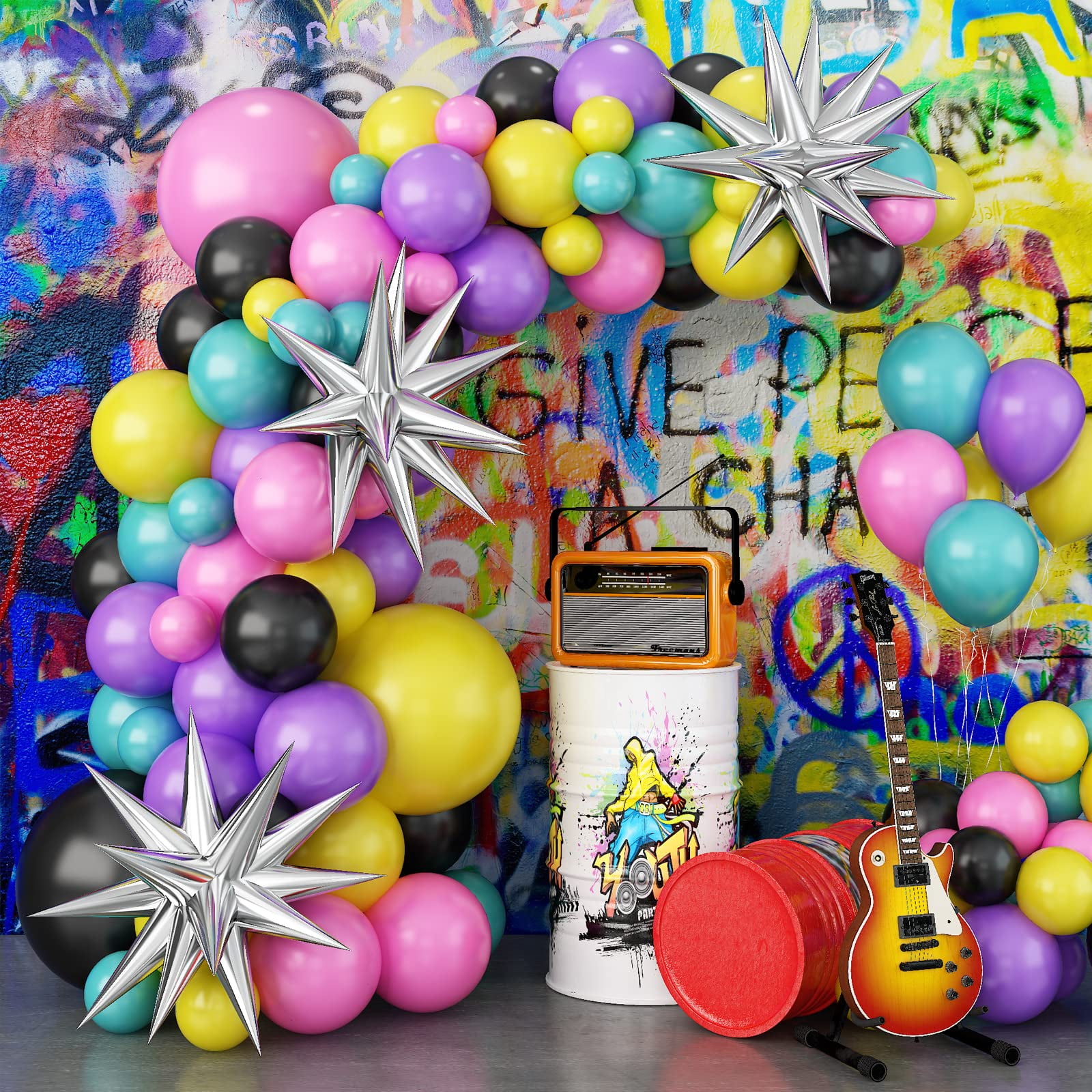 GREMAG 90S 80S Theme Party Balloon Garland Kit, Black Purple Blue ...