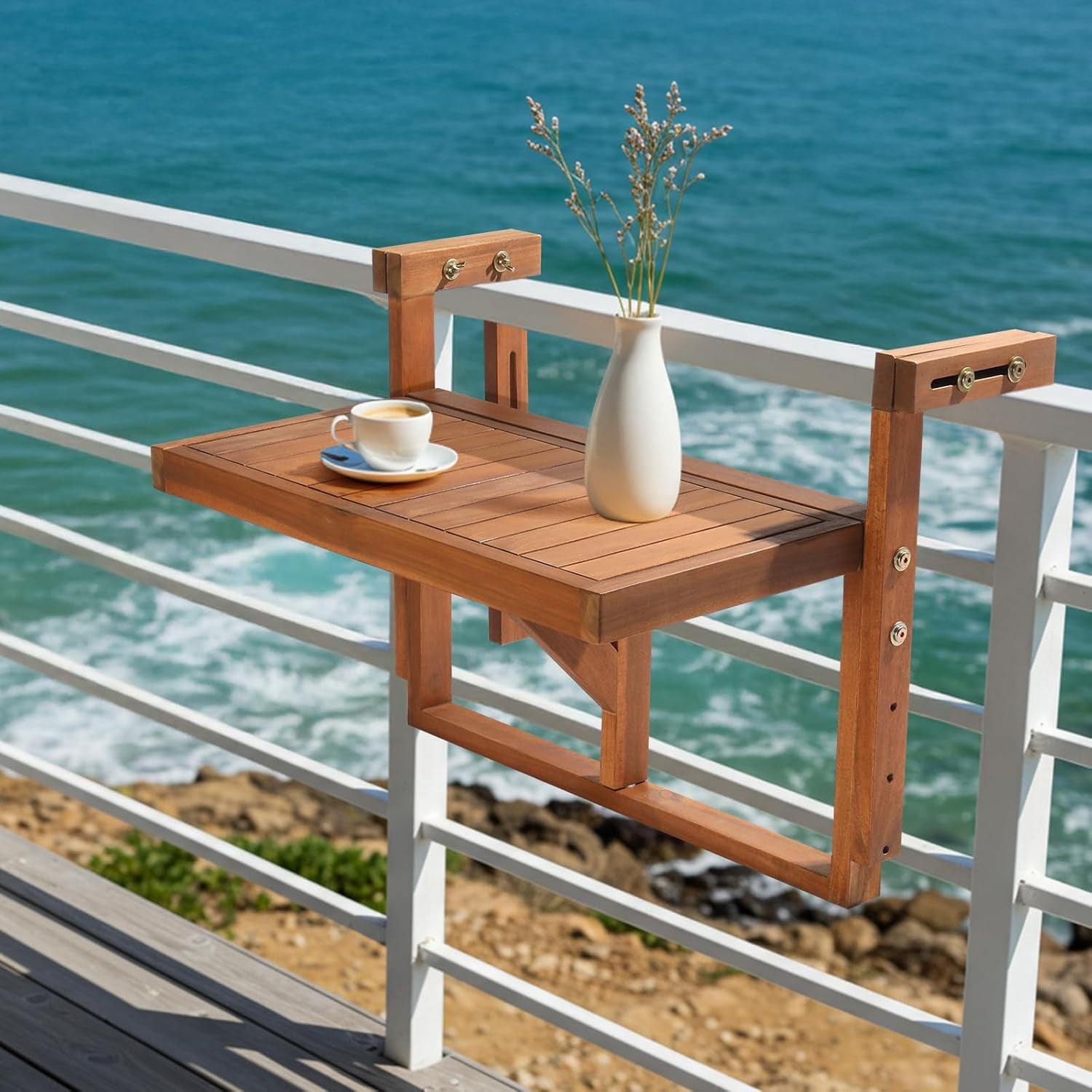 GREOKL Balcony Table, Acacia Wood Folding Balcony Bar Table for ...
