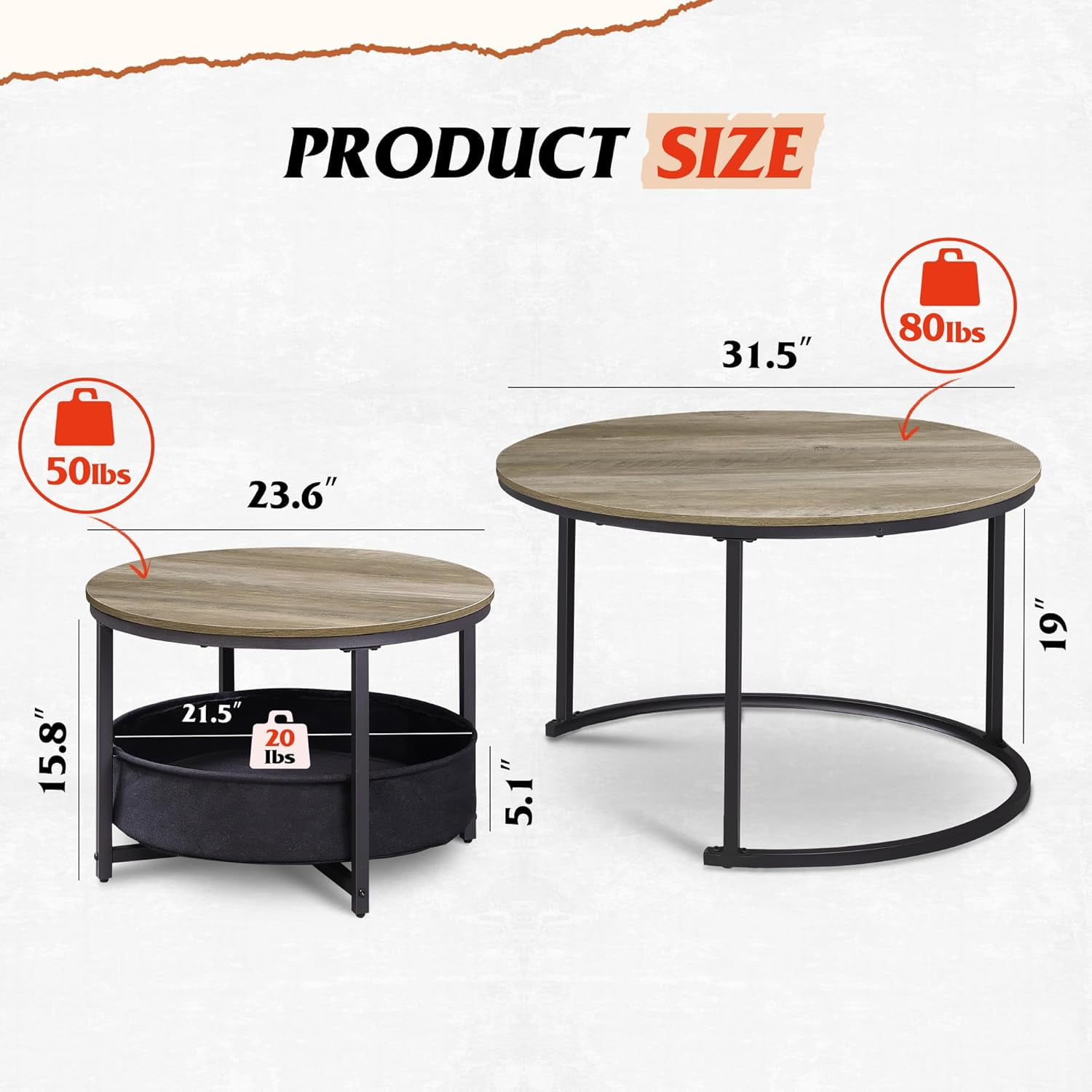 GREOKL Round Coffee Table Set of 2, 31.5" Nesting Coffee Table with ...