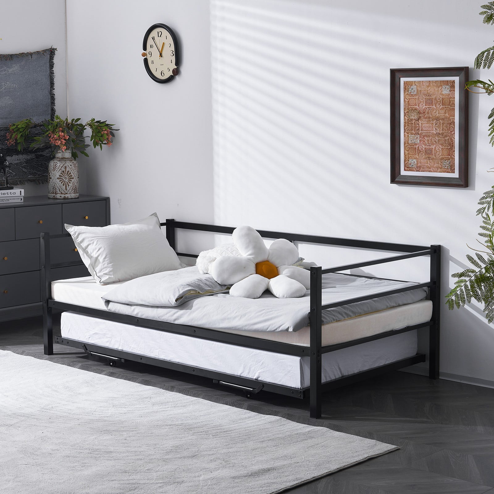 GREOKL Twin Daybed with Trundle and LED Light, Metal Height Adjustable ...