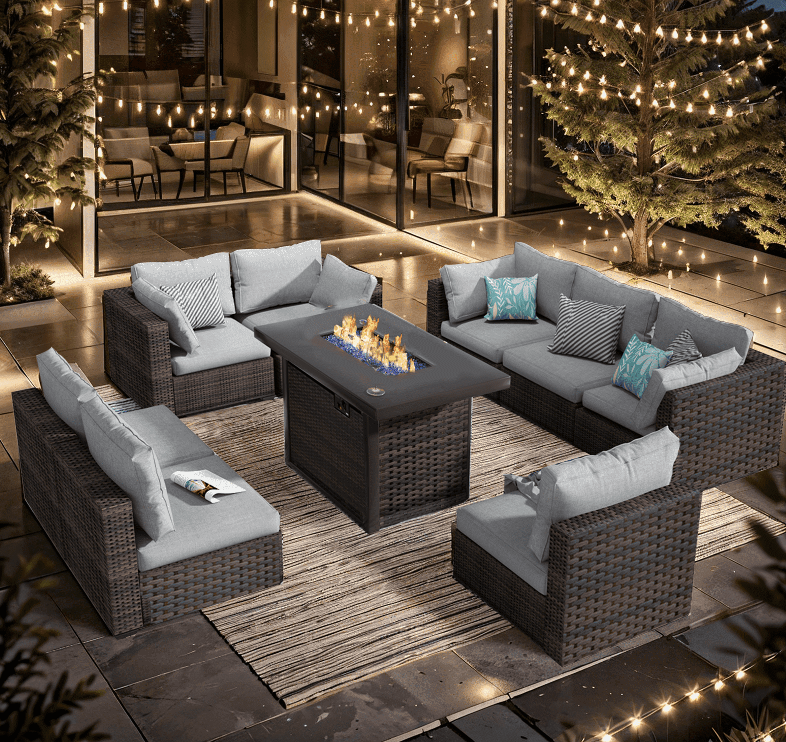 "Grezone 9-Piece Outdoor Patio Set with 43"" 55000BTU Fire Pit & Rattan ...