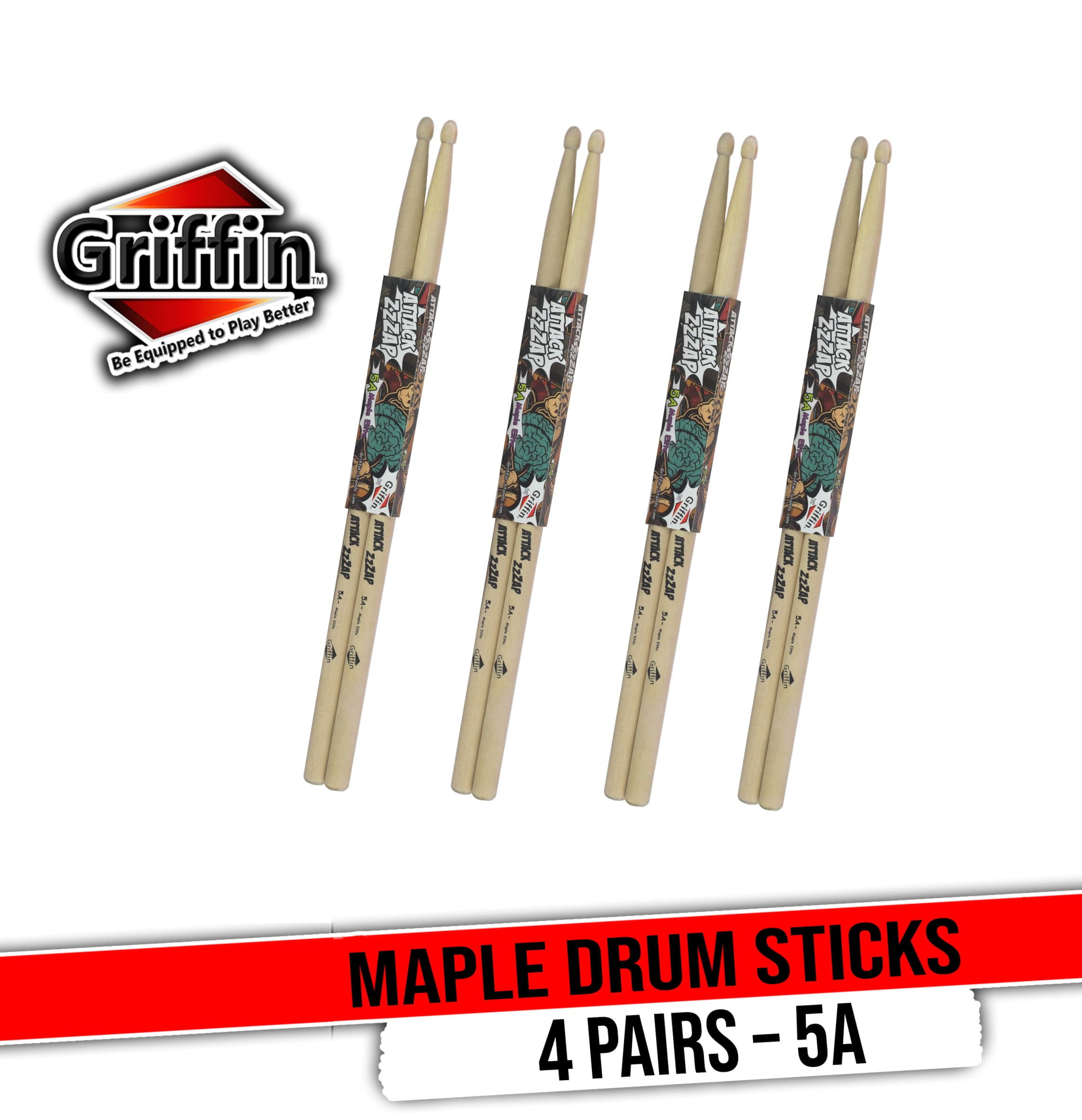 GRIFFIN Attack Zzzap Drum Sticks - 4 Pairs of Select Elite Maple Wood ...