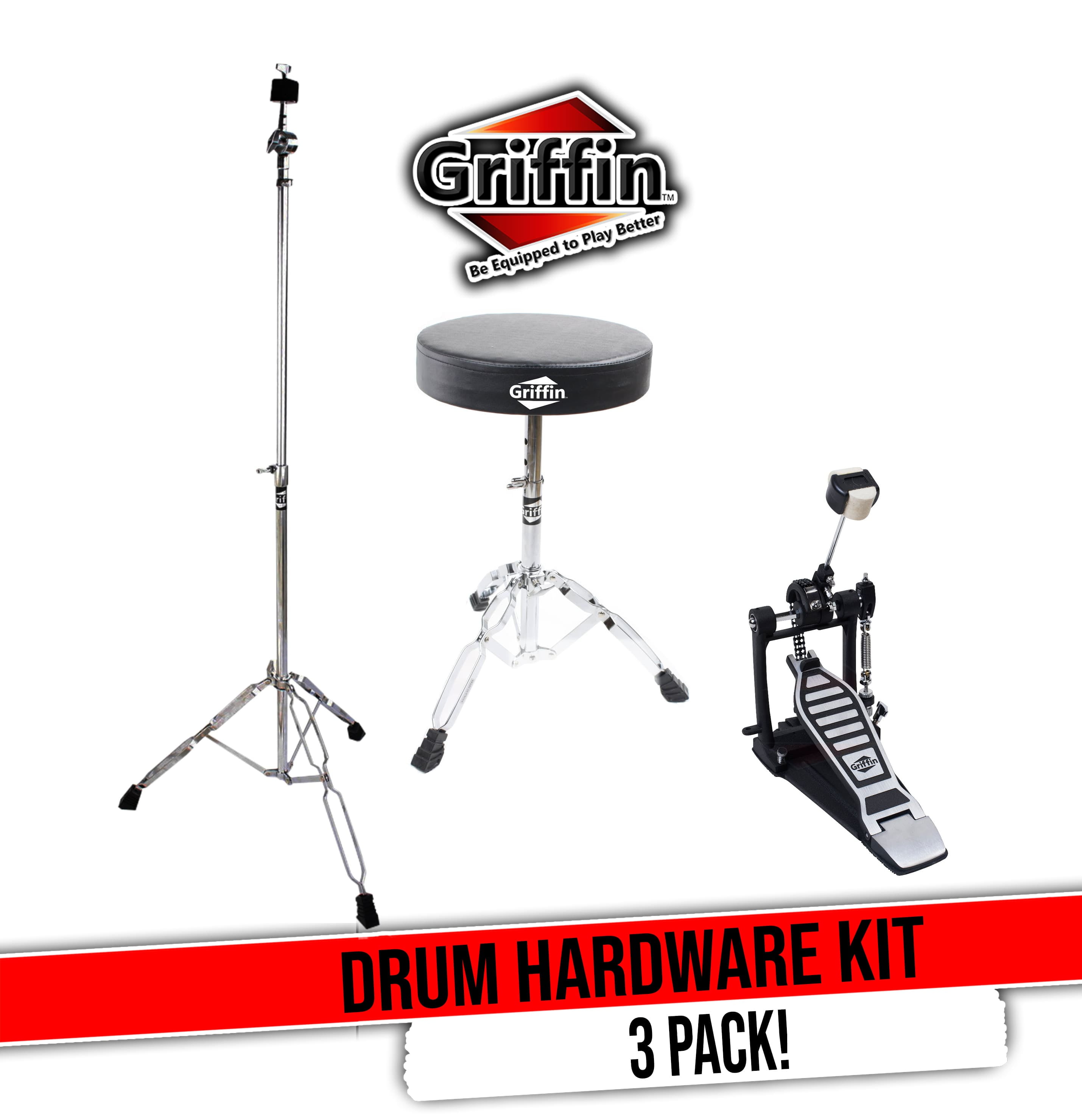 GRIFFIN Drum Hardware Set (3 Piece Kit) - Kick Drum Pedal, Drummer's ...