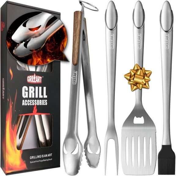 BBQ Tools Set, 4 PCS Heavy Duty Stainless Steel Spatula, Fork, Tongs ...