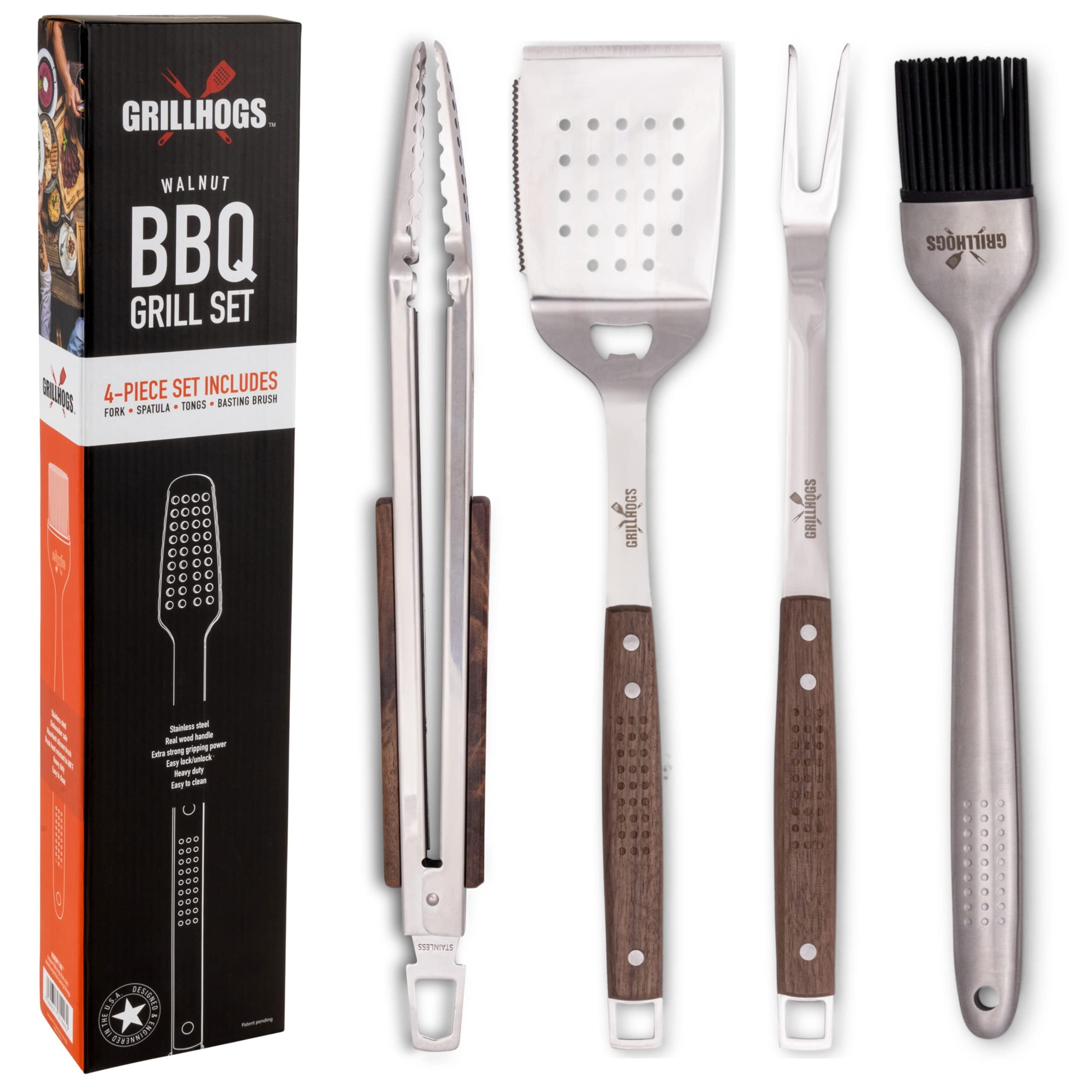 GRILLHOGS Heavy Duty BBQ Grill Tool Set, Premium Walnut Wood, Spatula ...