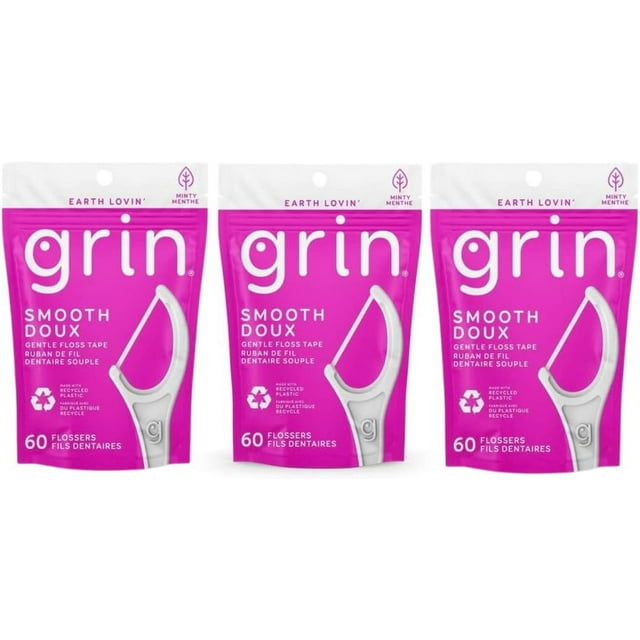 GRIN Dental Mint Floss 60 Count Smooth Doux Gentle Floss Tape (3 Pack ...