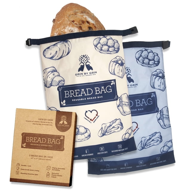 GRIN BY GRIN- 2 Packs Bread Bags, Zipper Reusable Bread Bags for ...