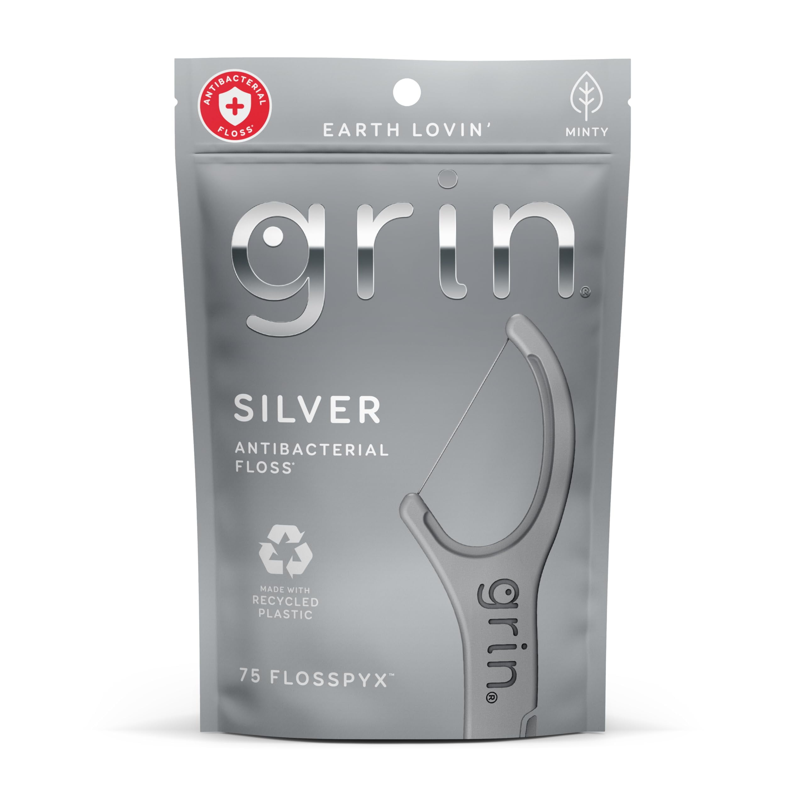 Grin Silver Flosspyx 75 Count, Mint Dental Flossers, Recycled Plastic ...