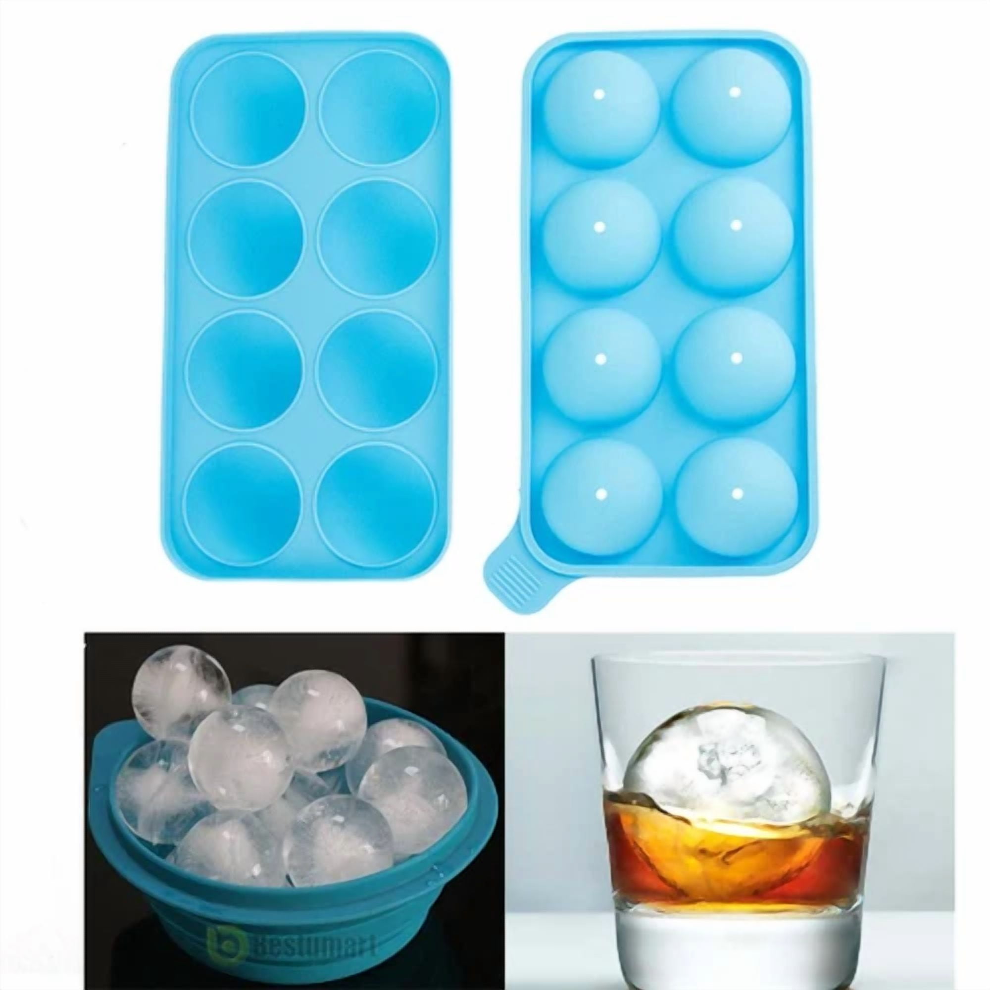 GRIND- Blue Round Ice Balls Maker Tray 8 Sphere Molds Cube Whiskey ...