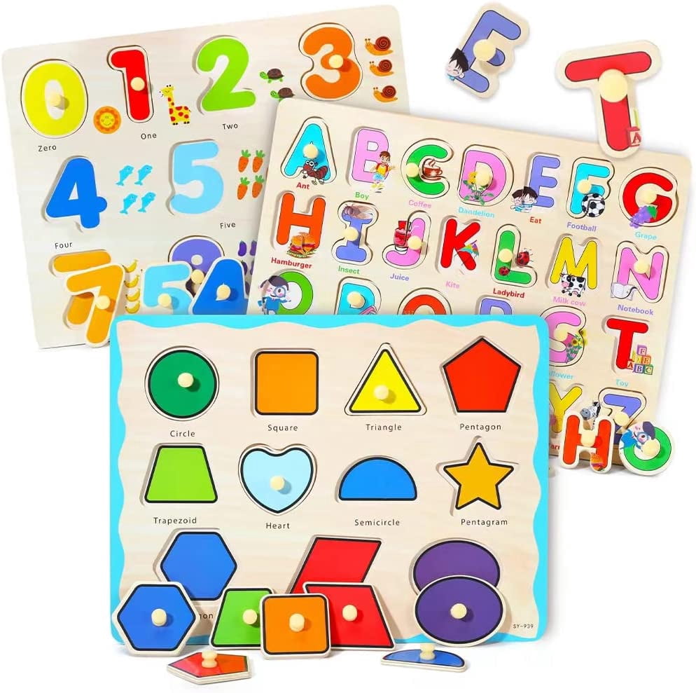GRINNNIE Wooden Montessori Toddler Puzzles for 1 2 3 4 Years Old, 3 Pcs ...