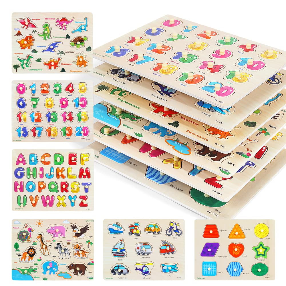 GRINNNIE Wooden Peg Puzzle EC36 for Toddlers, 6 Pack Puzzles Set for 3 ...