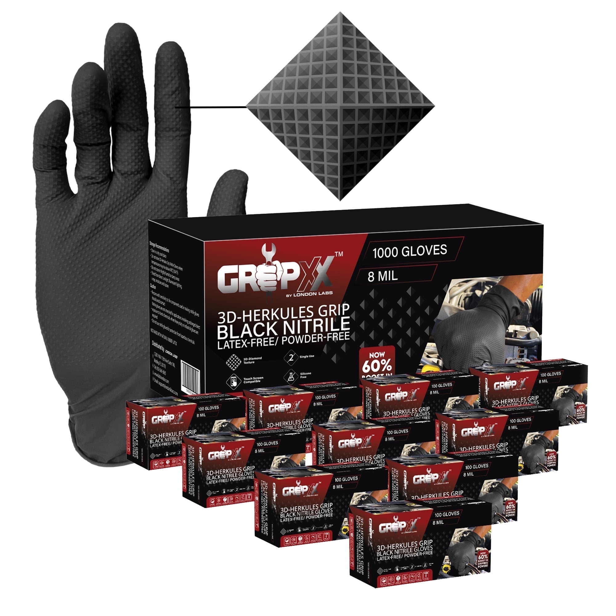 GRIPXX 8 Mil Black Nitrile Gloves – Heavy Duty, 3D Raised Diamond ...