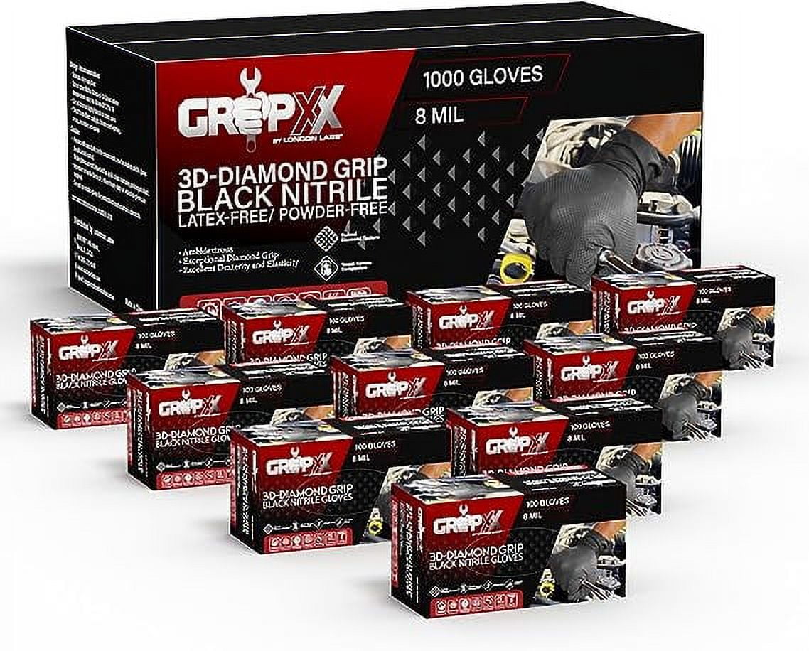 GRIPXX 8 Mil Black Nitrile Gloves – Heavy Duty, 3D Raised Diamond ...