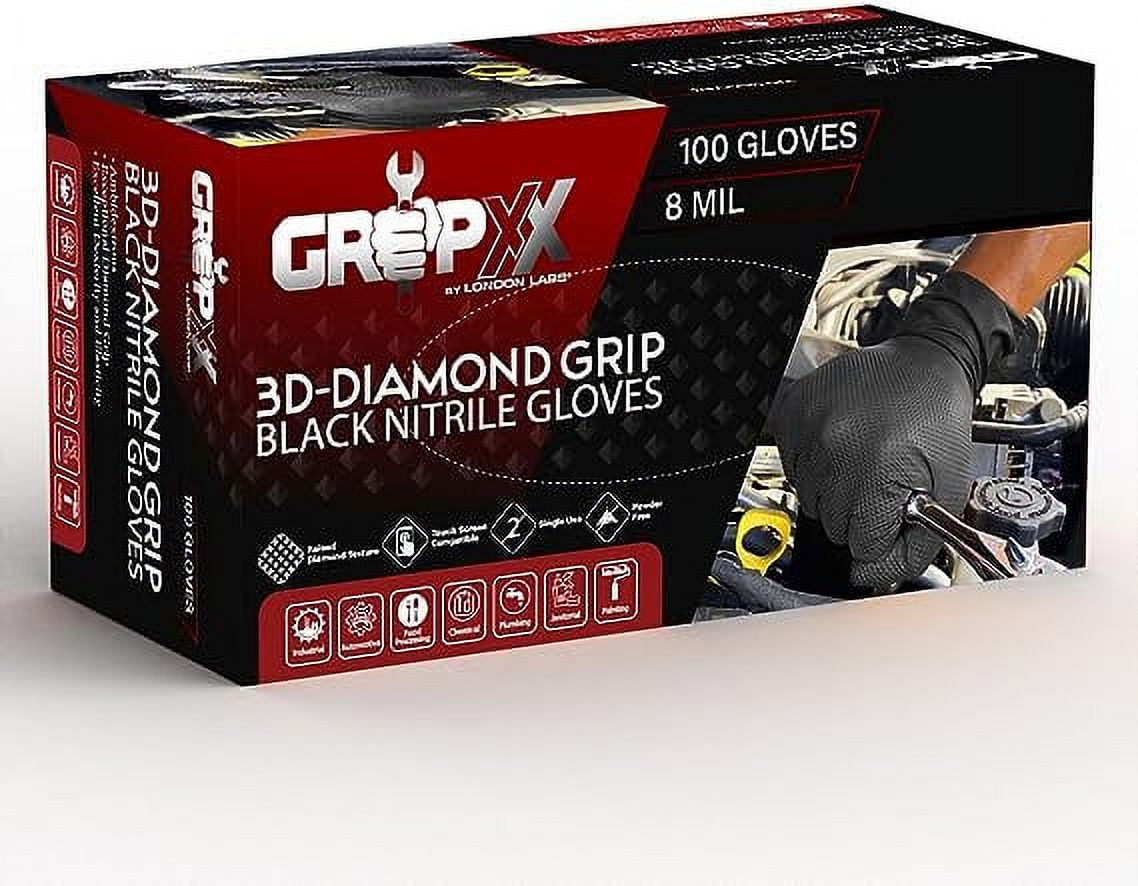 GRIPXX 8 Mil Black Nitrile Gloves - Heavy Duty, 3D Raised Diamond ...