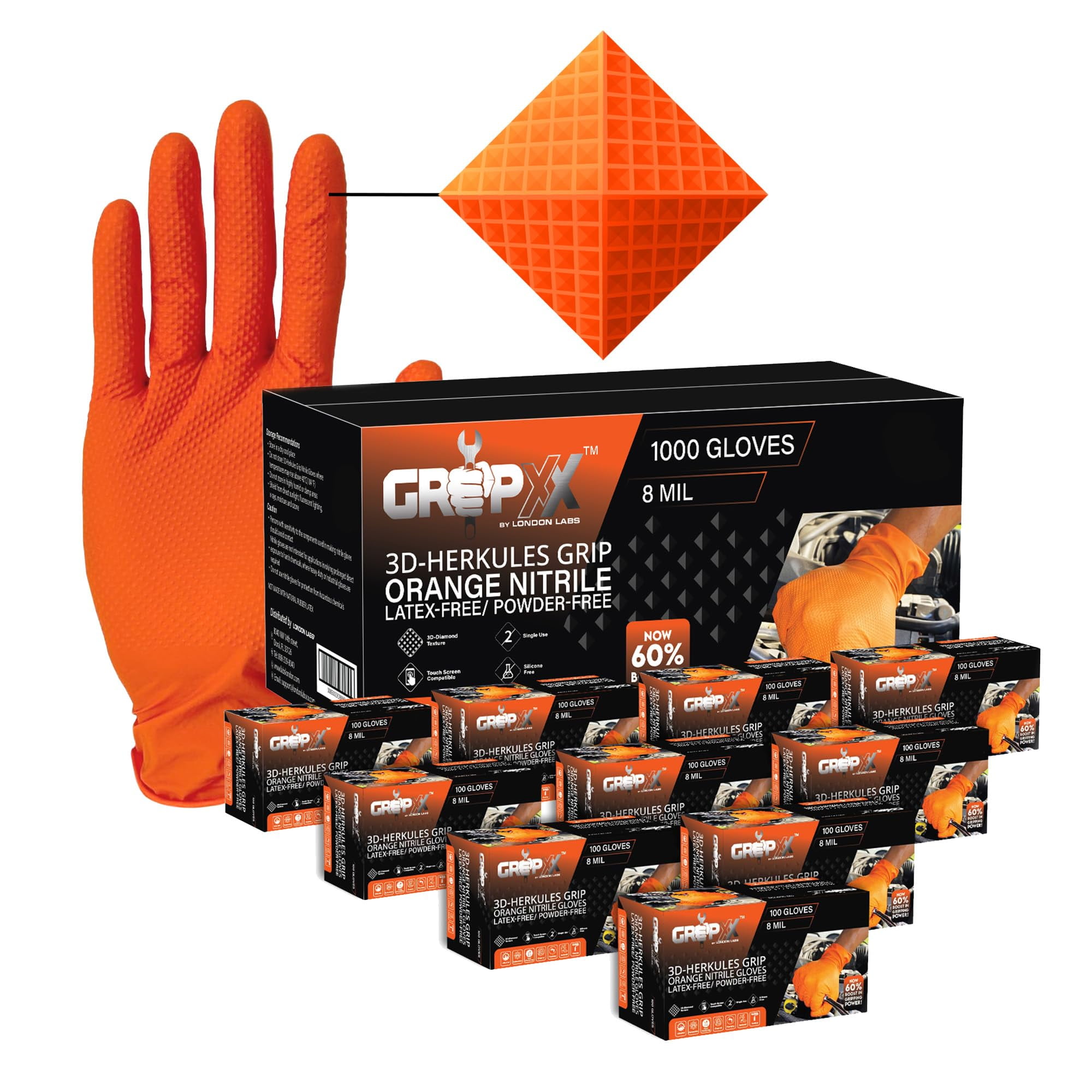 GRIPXX 8 Mil Orange Nitrile Gloves, Heavy Duty, Raised Diamond Grip, XX ...