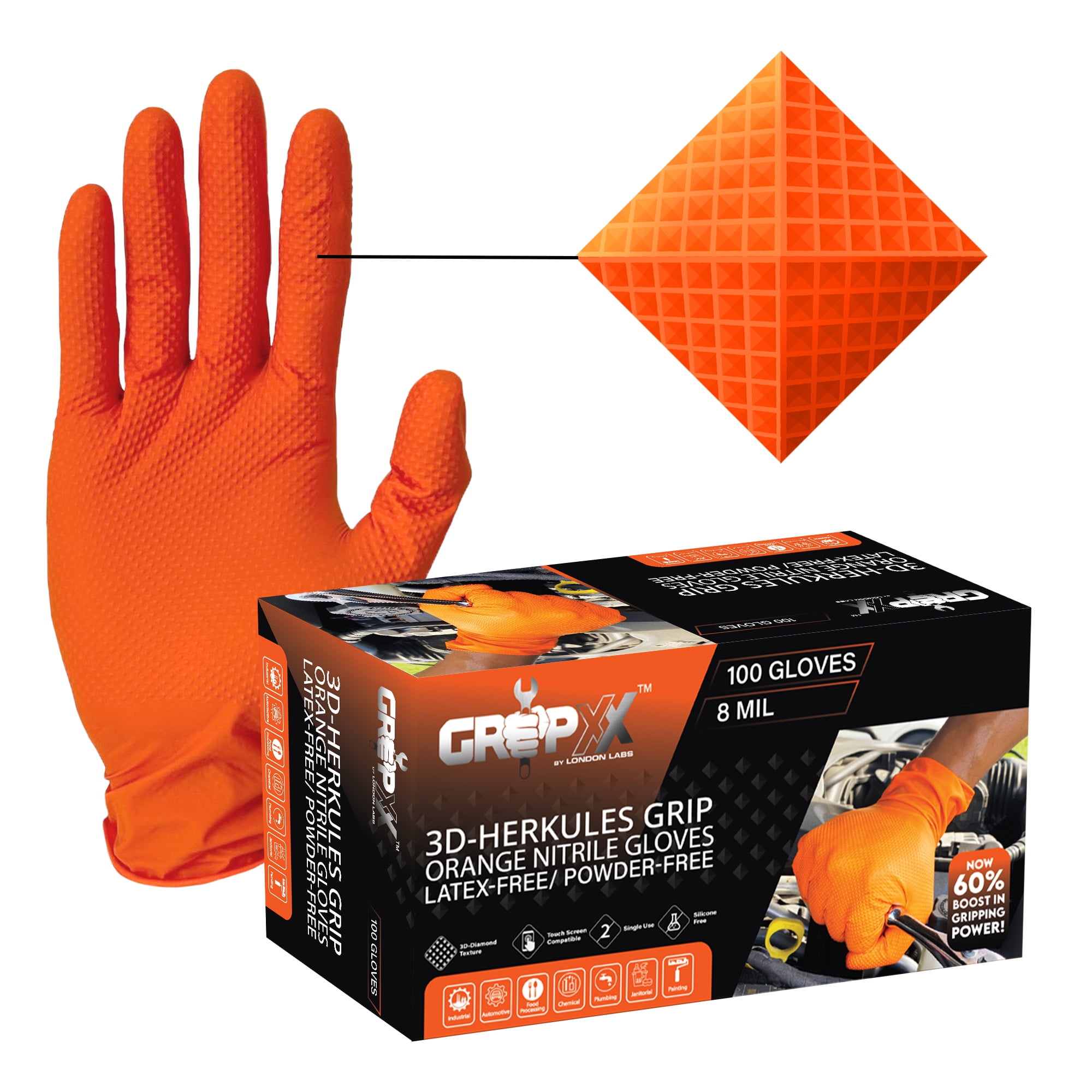 GRIPXX Herkules Grip Heavy Duty 8Mil Orange Nitrile Gloves,3D Raised ...