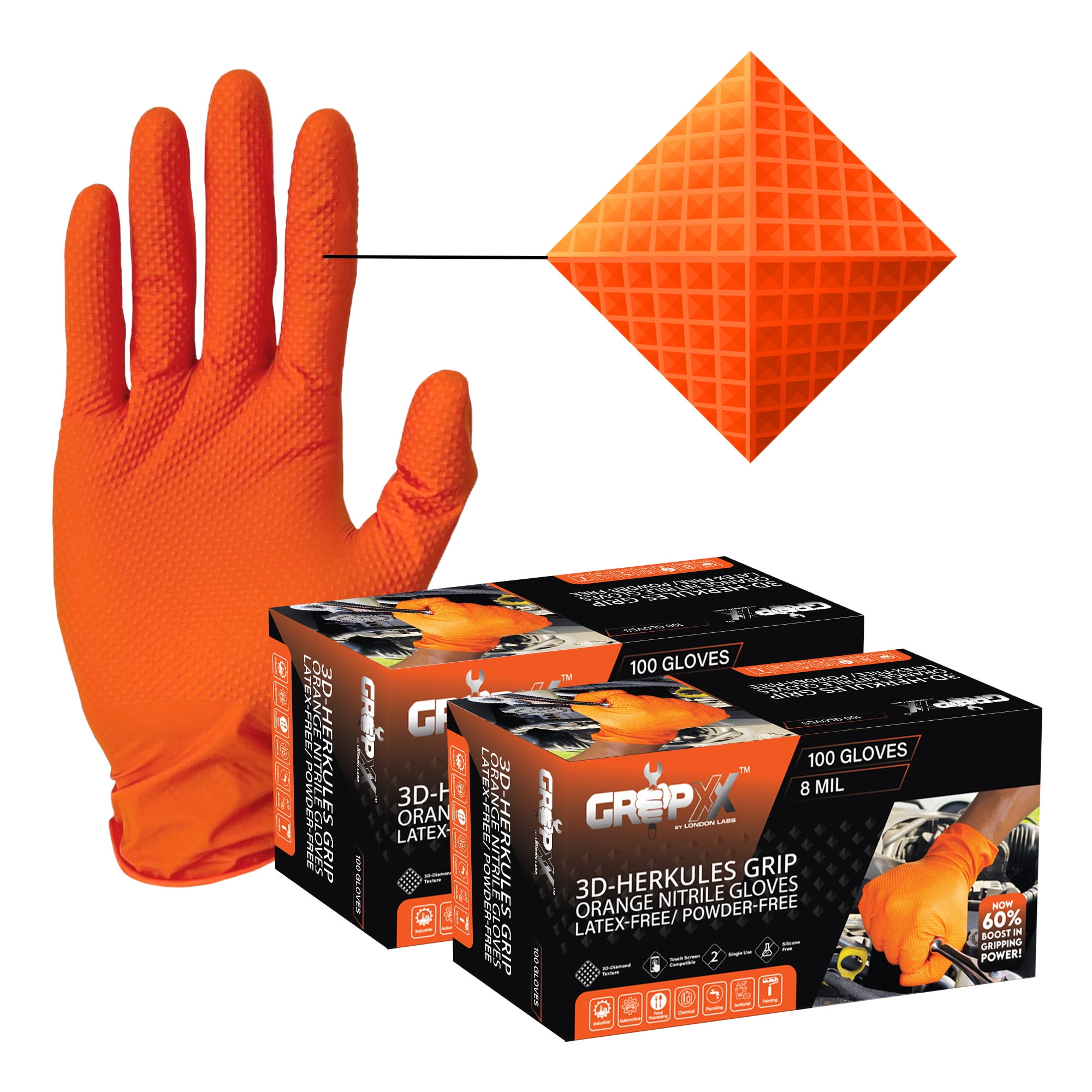 GRIPXX Herkules Grip Heavy Duty 8Mil Orange Nitrile Gloves,3D Raised ...