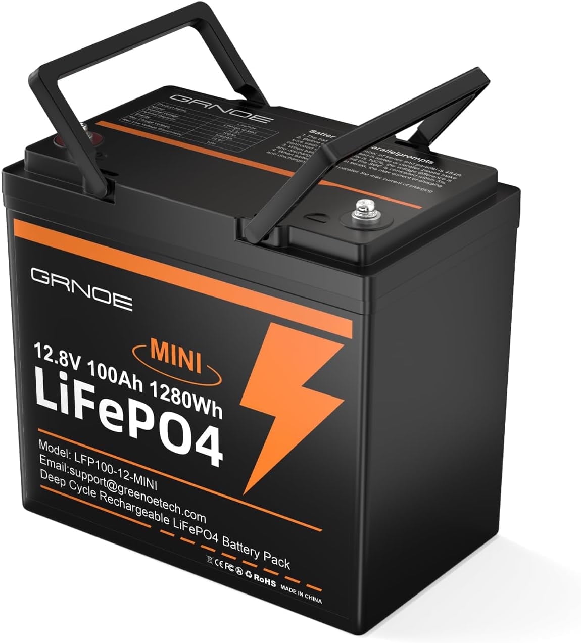 GRNOE 12V 100Ah Mini LiFePO4 Lithium Battery,15000+ Deep Cycles 1280Wh ...