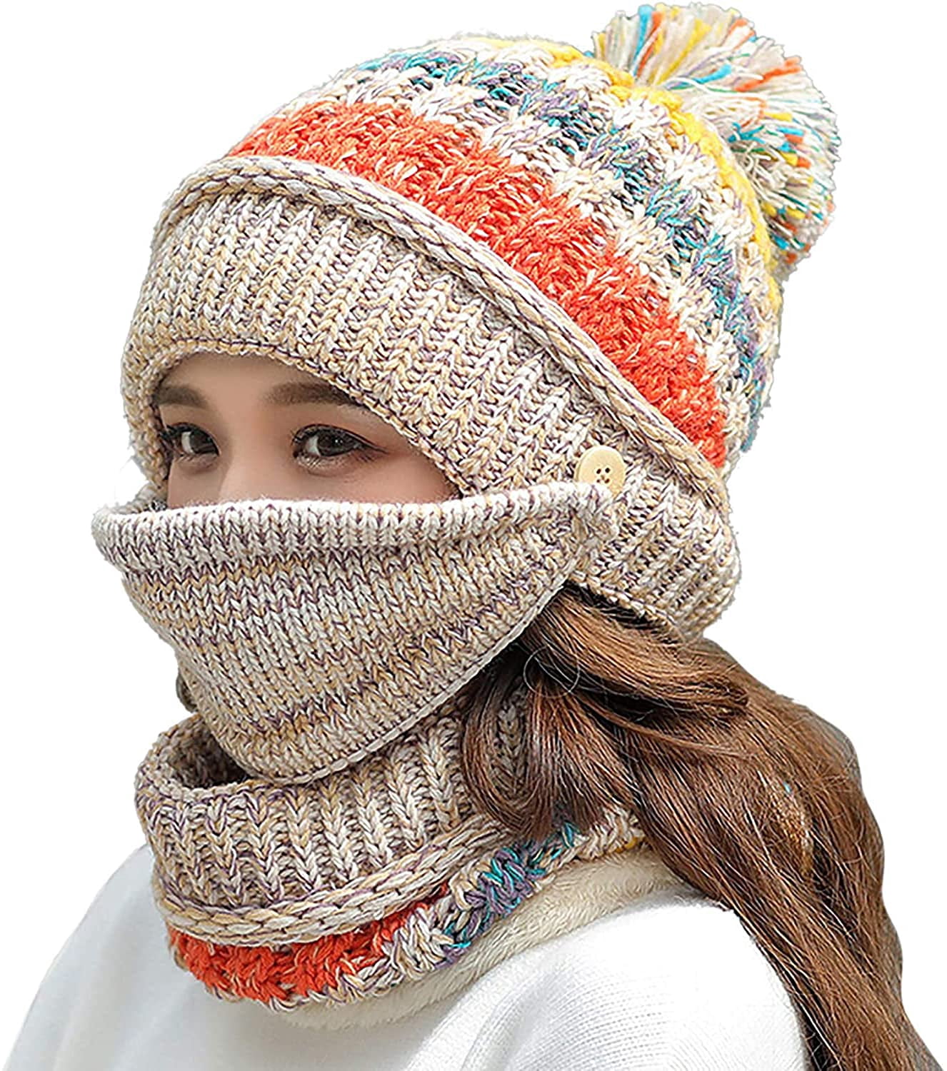 GRNSHTS Women Winter Hat Scarf Mask 3 in 1 Fleece Lined Knitted Warm ...