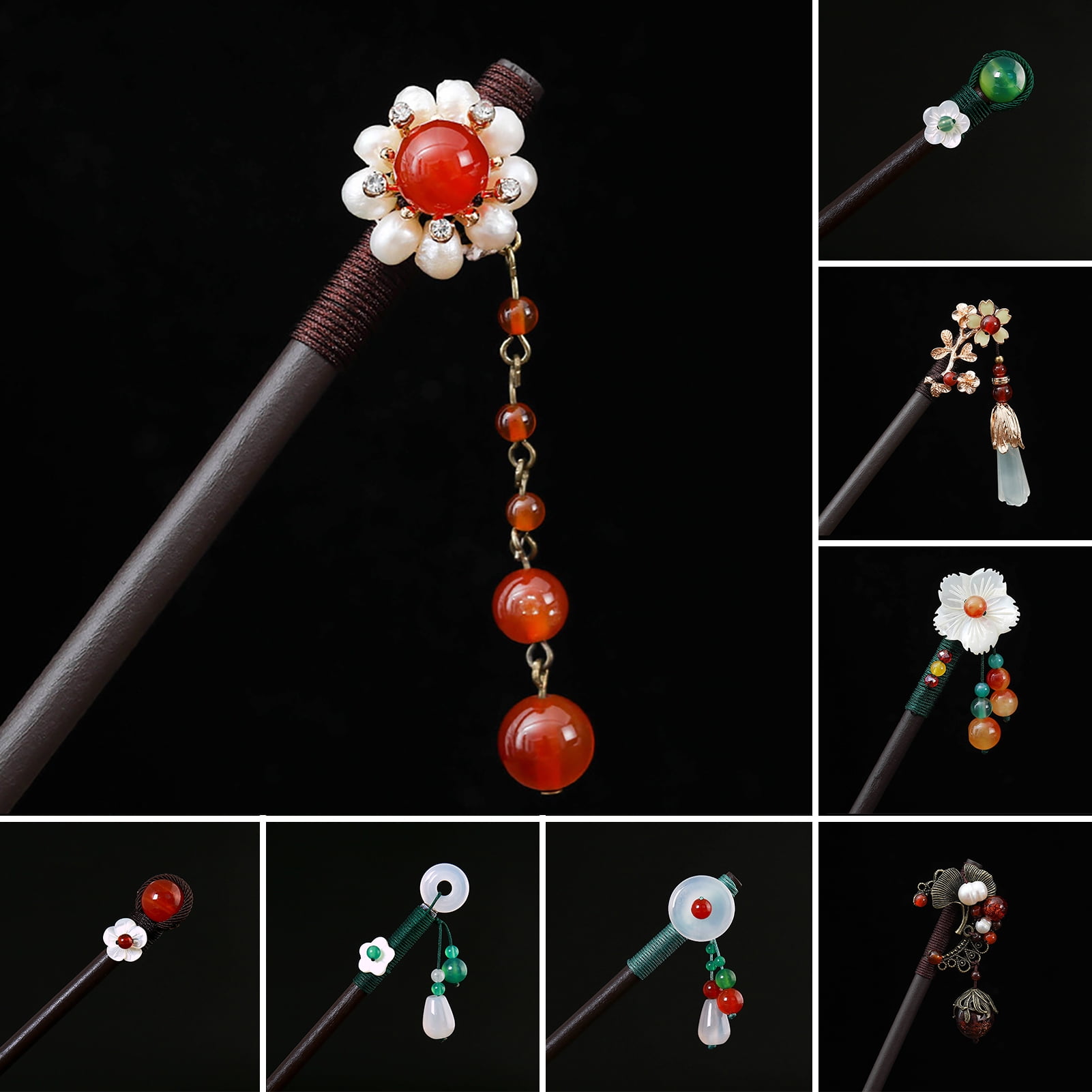GROFRY Beads Flower Decor Tassel Hair Stick Vintage Wood Chinese Hair ...