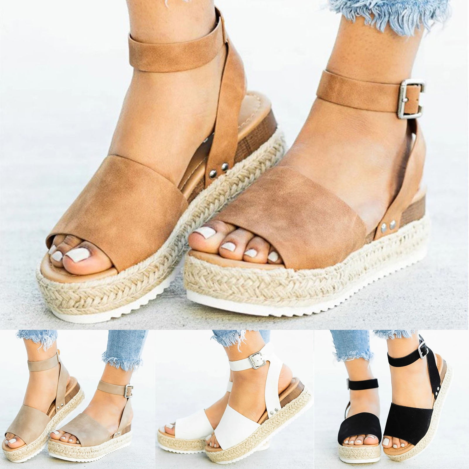GROFRY Sandals Platform Wedge Faux Leather Ankle Strap Open Toe Women ...
