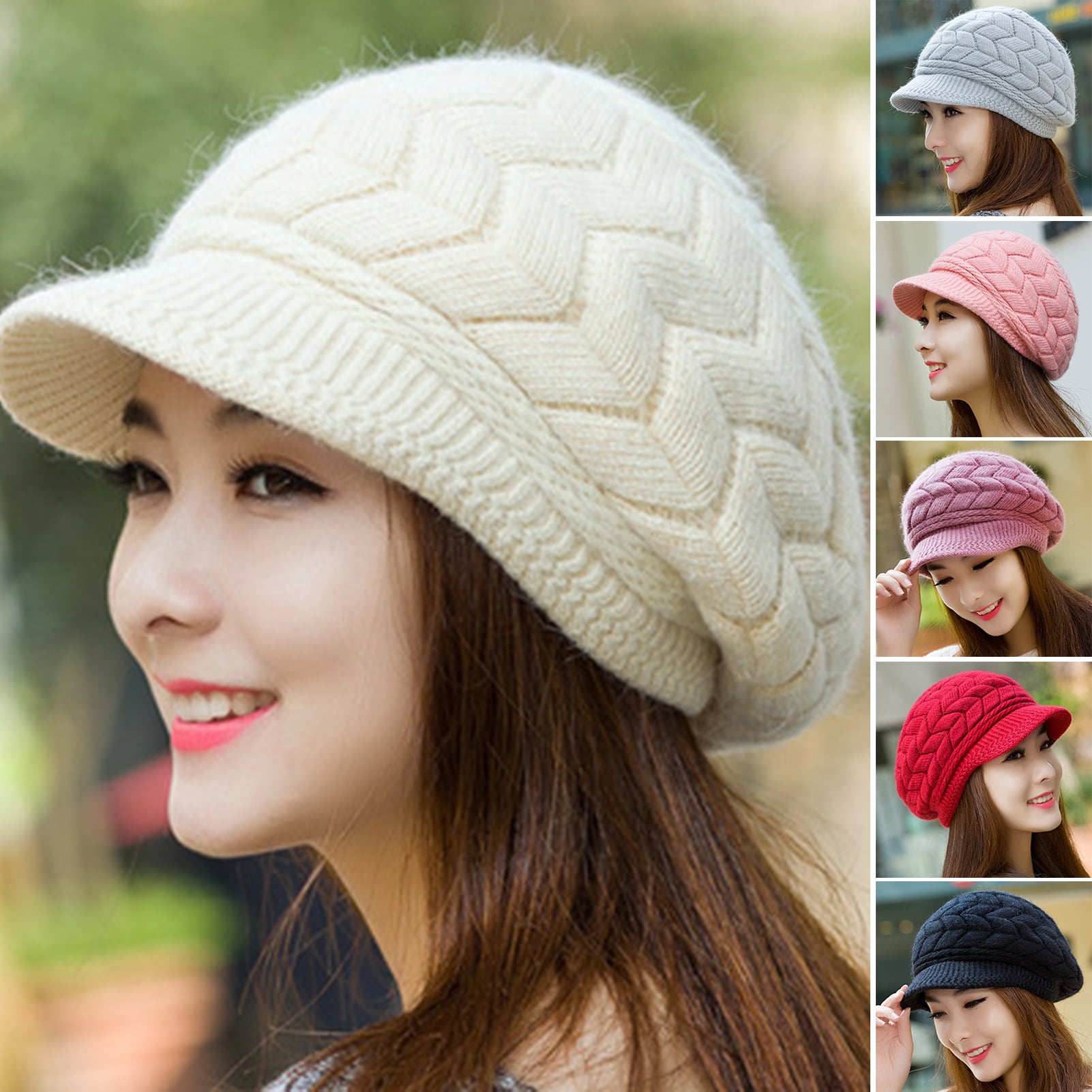 GROFRY Visor Beret Cap Peaked Slouchy Plush Lining Stretchy Plain Ears ...