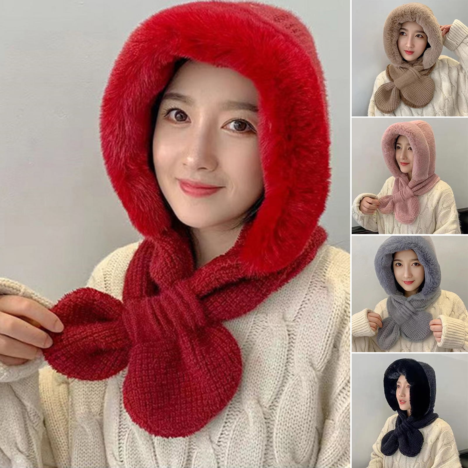 GROFRY Women Hat 2 in 1 Stretchy Fuzzy Soft Comfortable Keep Warm Solid ...