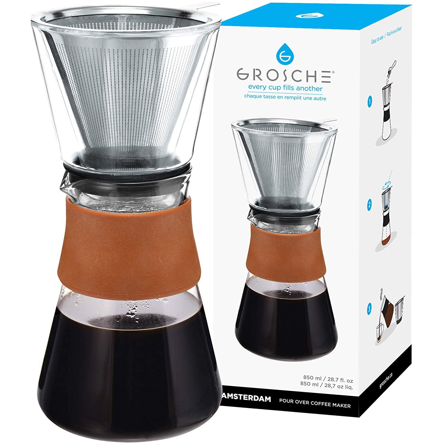GROSCHE Amsterdam Glass Pour Over Coffee Maker - Single Cup Manual ...