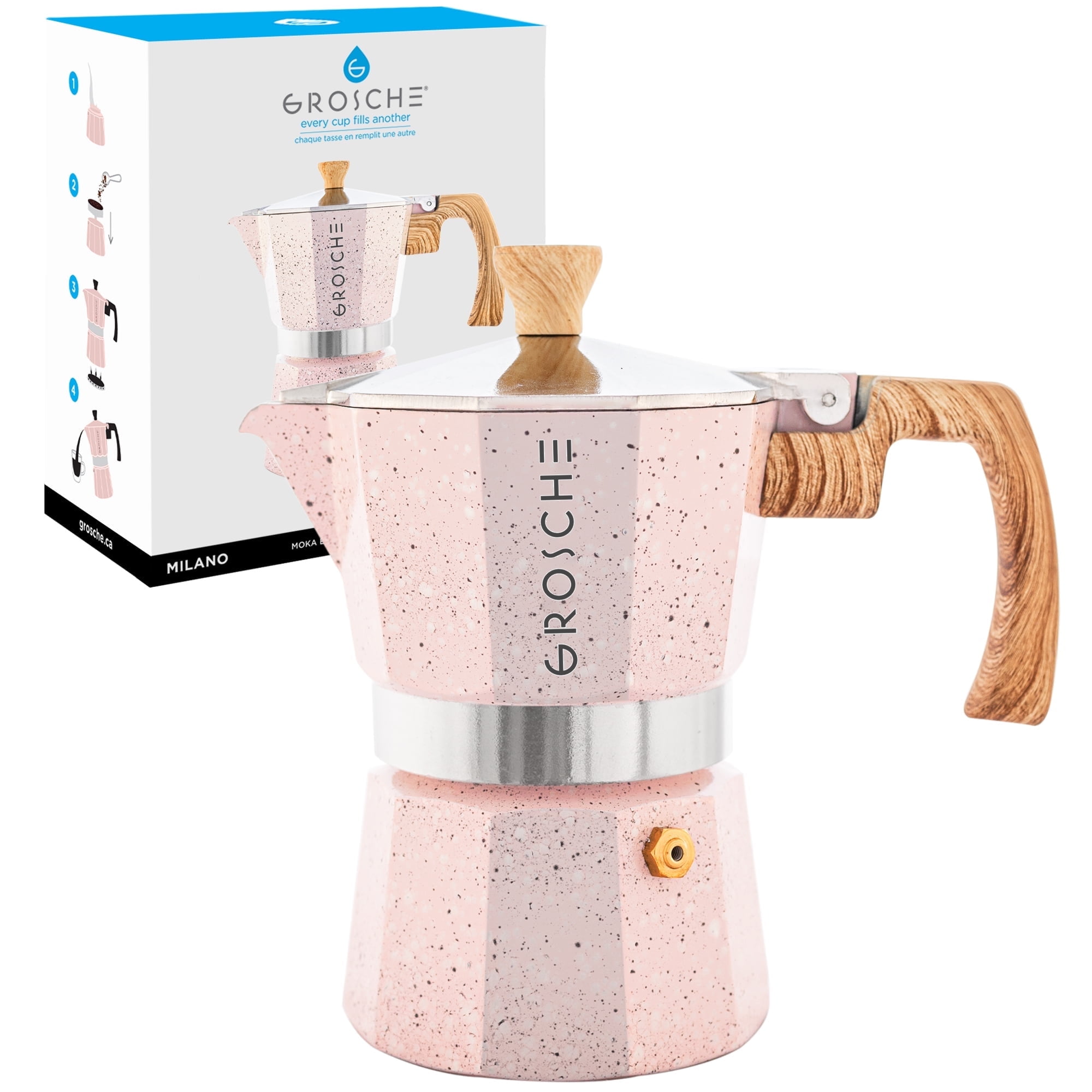 Grosche Milano Stone Stovetop Espresso Maker, Moka Pot, 3 Cups, Blush ...