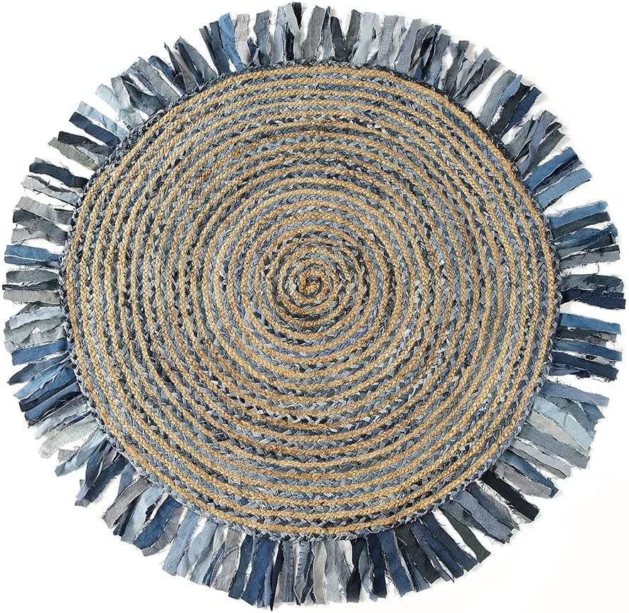 GRUHUM Round Jute Area Rug 3 ft Natural Fiber Cotton Denim Blue Fringe ...