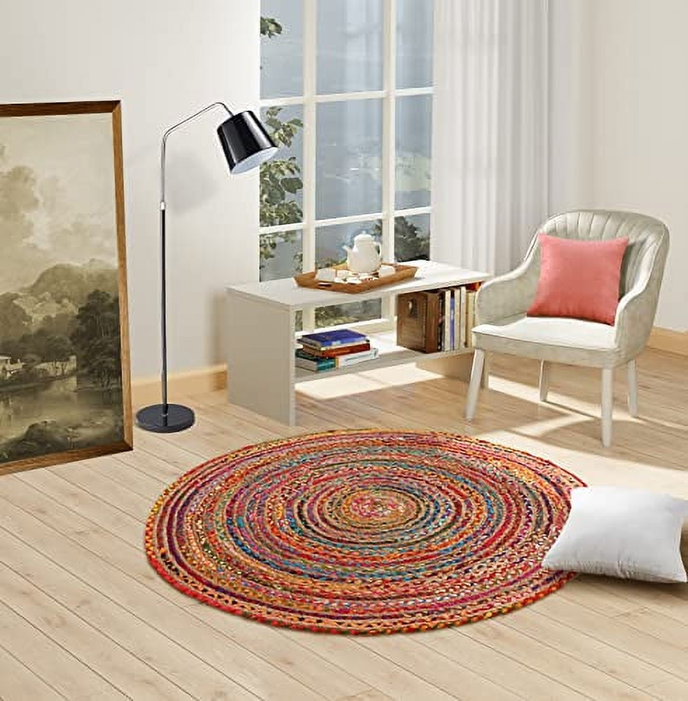 GRUHUM Natural Fibre Handwoven Round Premium Jute Cotton Rug 3x3 - Soft ...