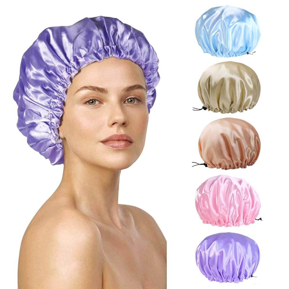 GRWIBEOU 5 Pack Shower Caps, Double Waterproof Layers Reusable Bath ...