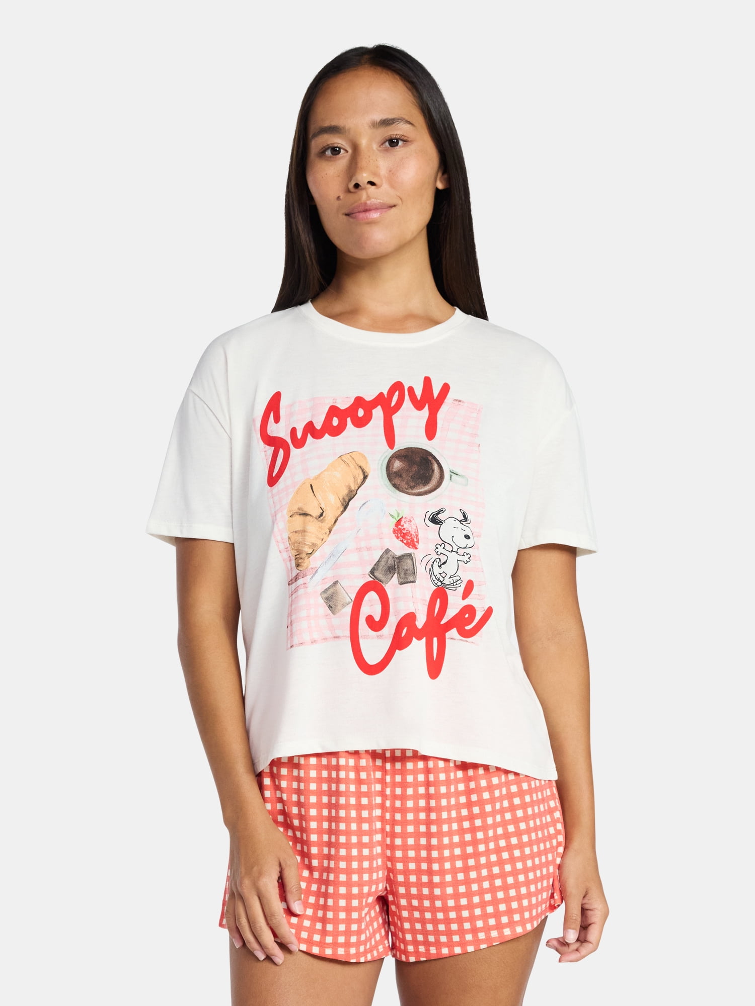 Snoopy Women's and Women's Plus Peanuts Sleep Tee and Shorts Pajama Set ...